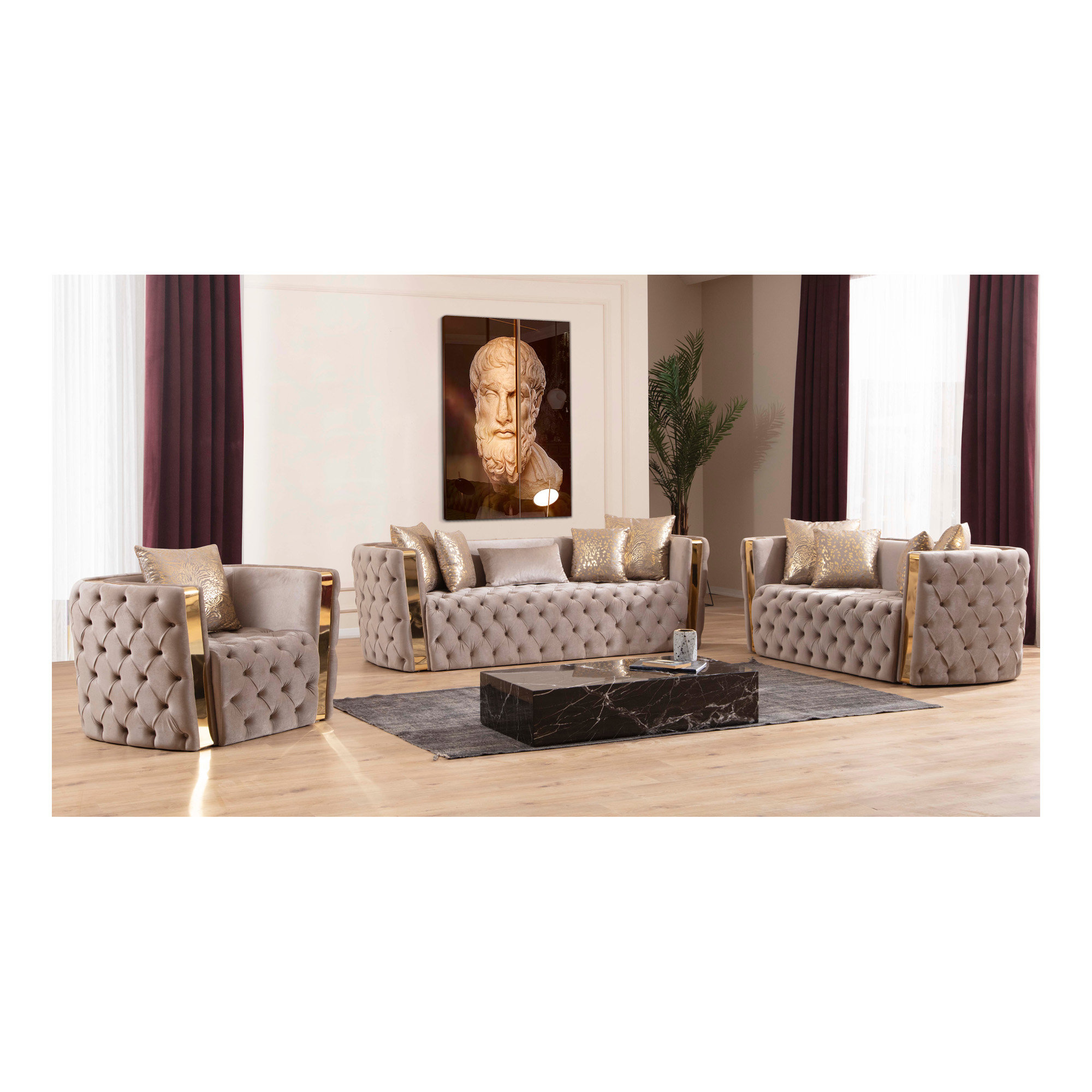 Rosdorf Park Button Tufted 2 Pc Set with Velvet Fabric and Gold Accent ...