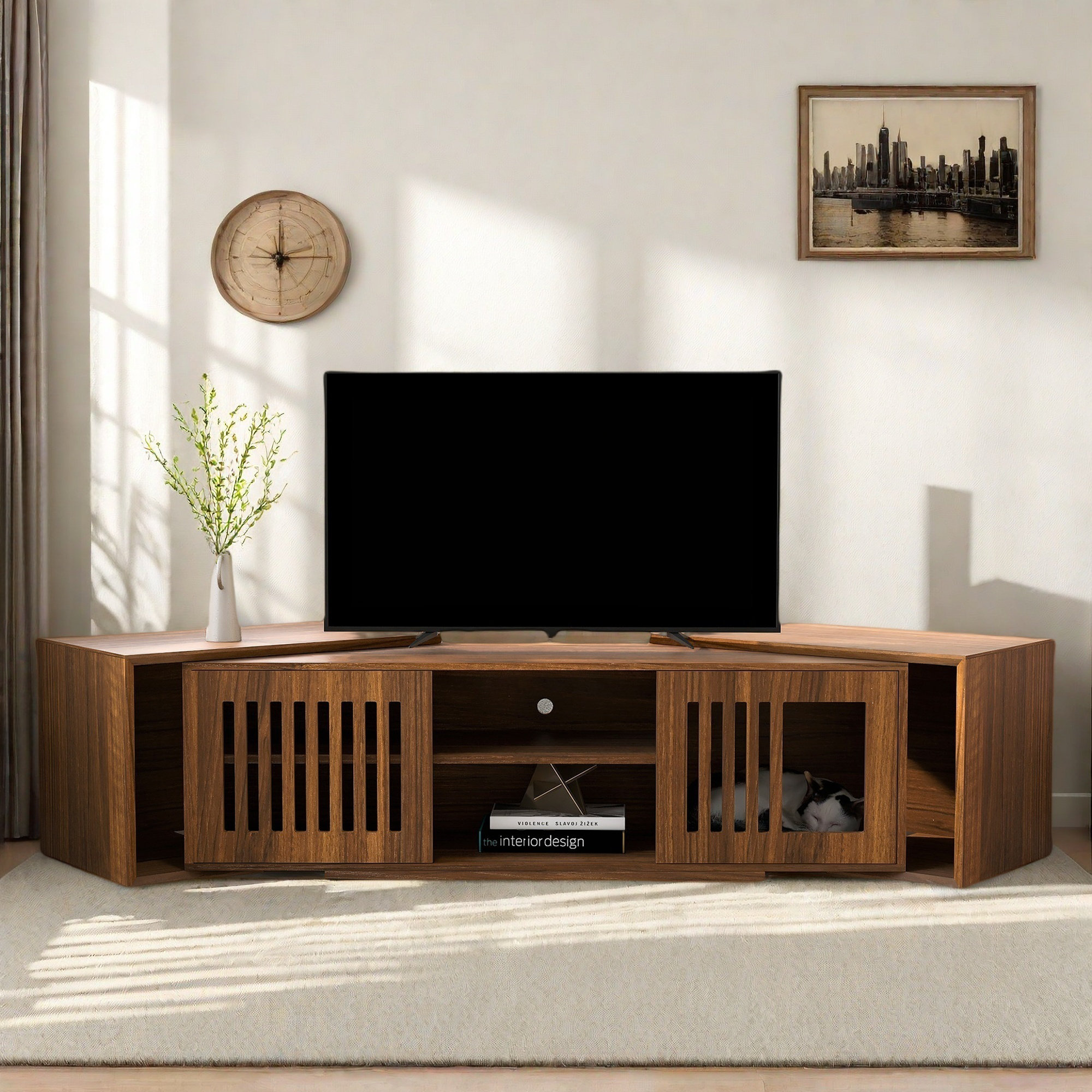 Latitude Run® Mid-century Tv Stand With Extendable Table, Cat Cushion ...