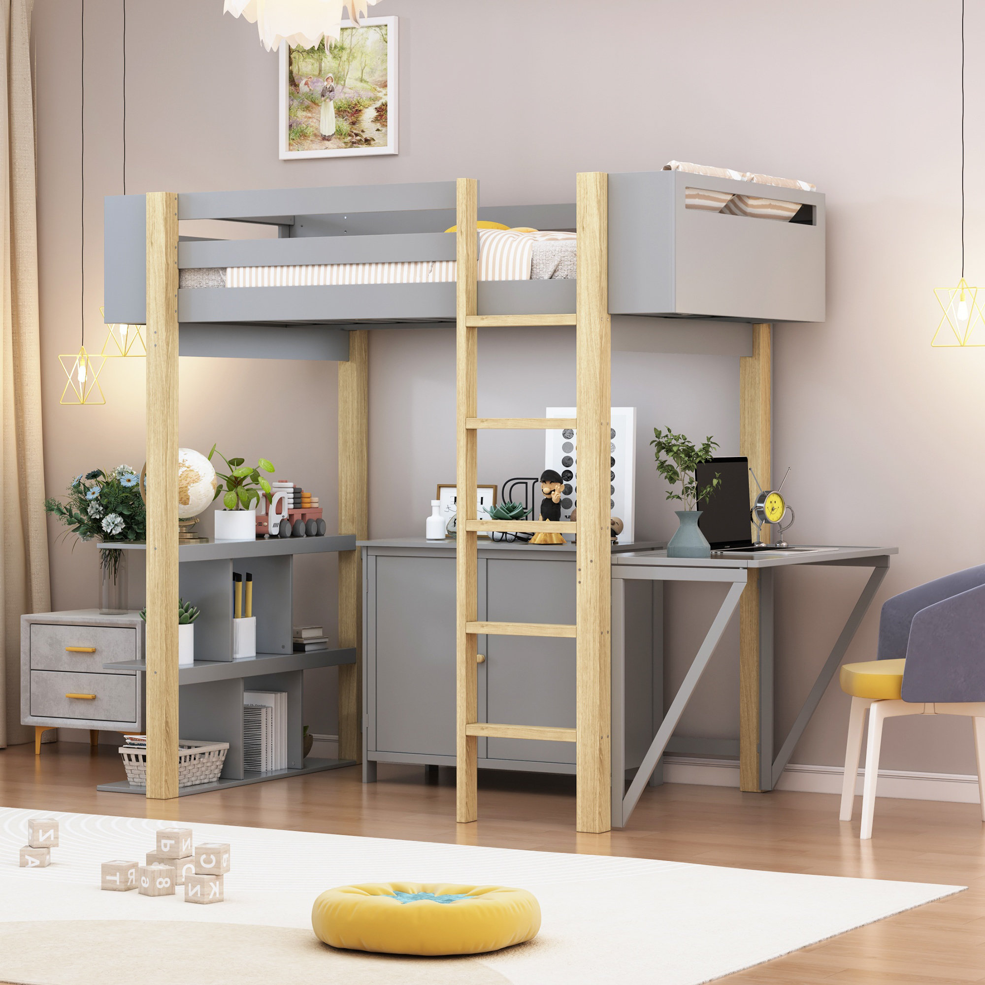 Latitude Run® Wood Loft Bed with Built-in Storage Cabinet, Storage ...