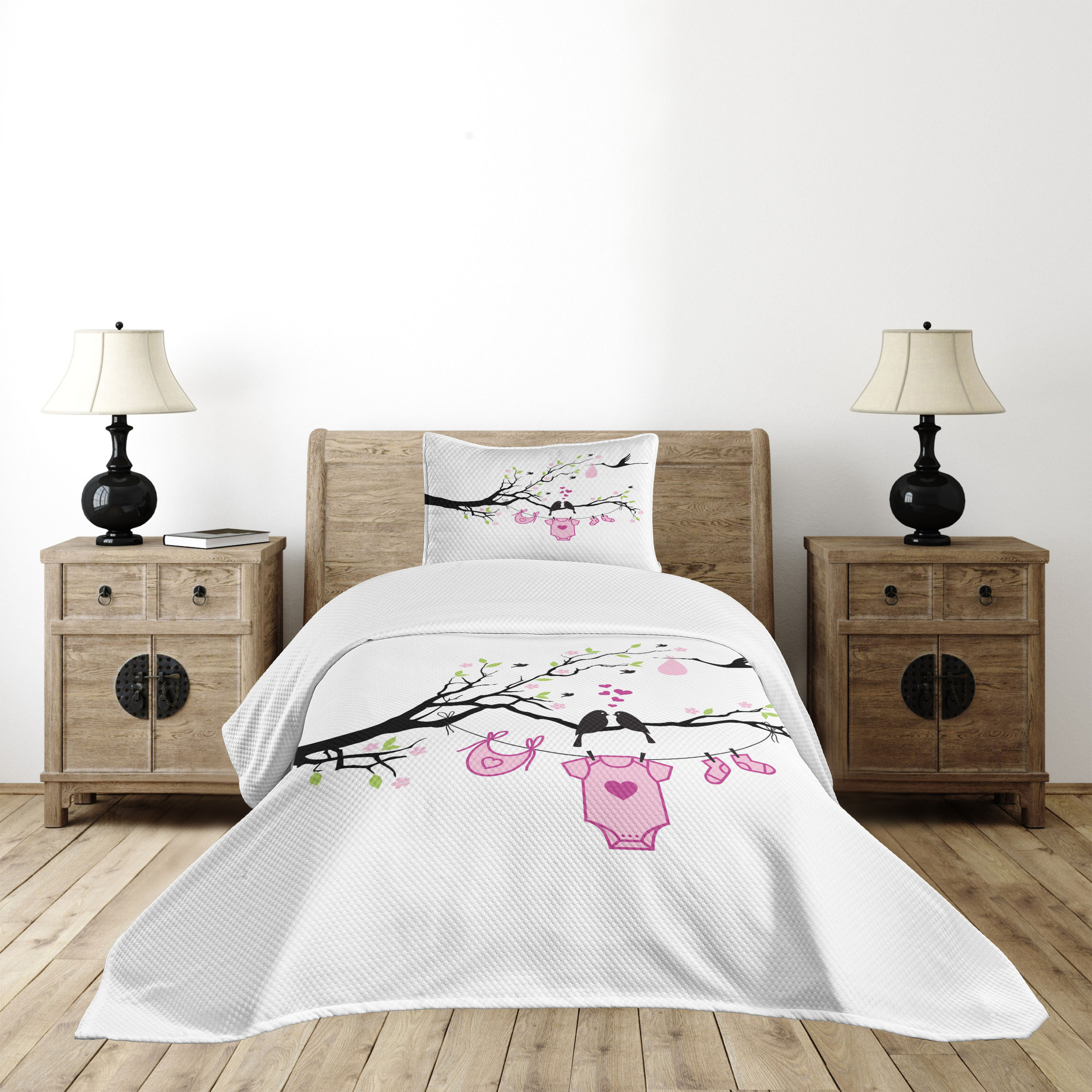 Ambesonne Tree Bedspread Set Romantic Bird Silhouettes Art Black Lime ...