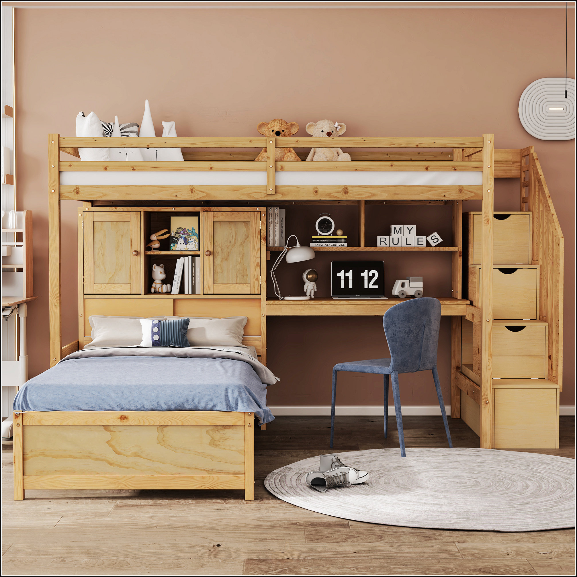Harriet Bee Twin Over Twin Loft Bed With Built-In Desk And Staircase, Offering Ample Storage And ...