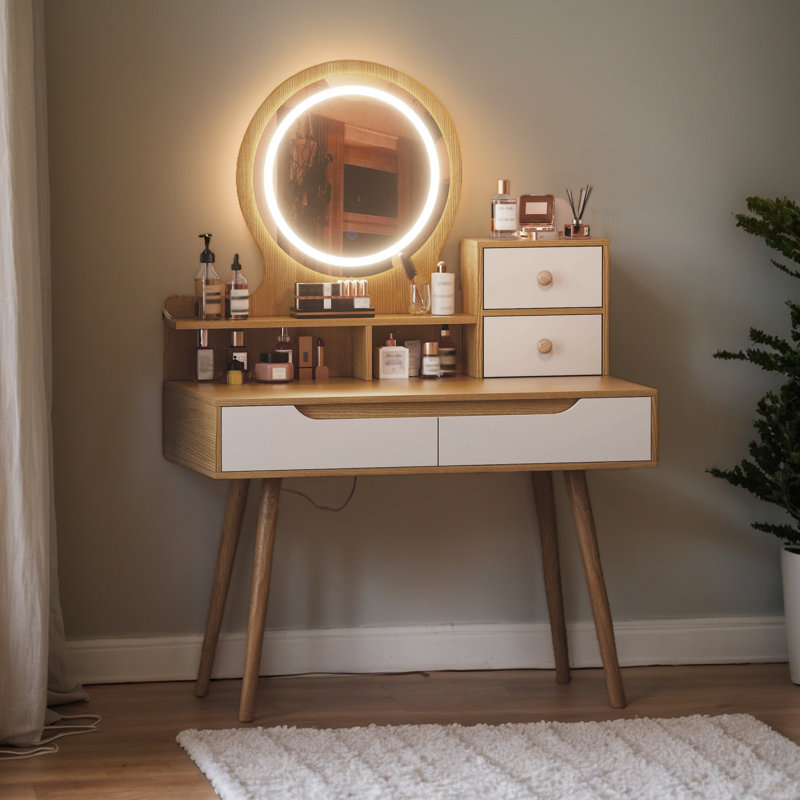 George Oliver Modern Vanity Desk With Mirror And Lights,Wood Dressing ...