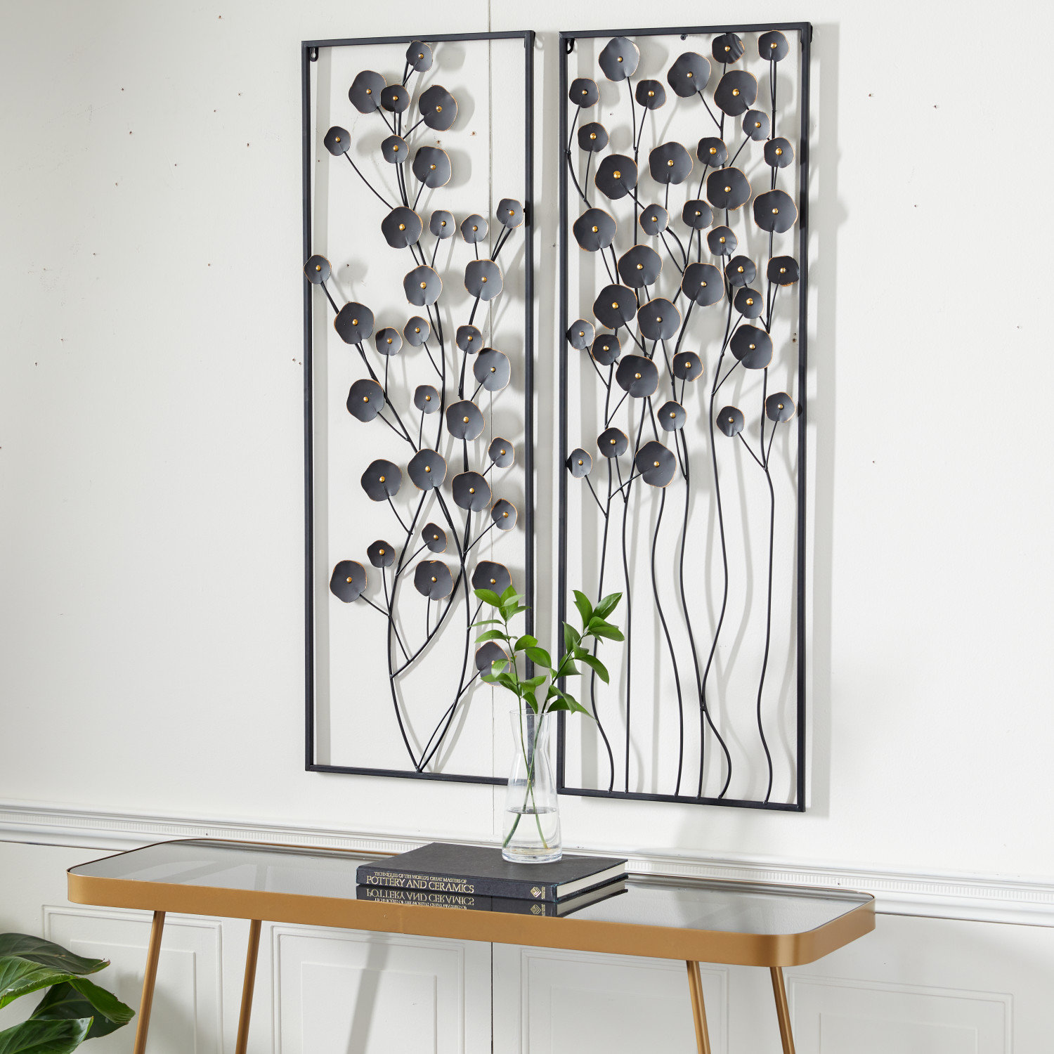 Red Barrel Studio® Metal Floral Black Wall Decor with Black Frame Set ...