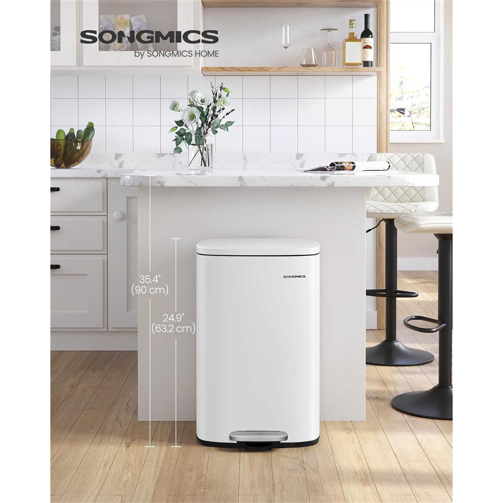 TELA 13G/50L Stainless Steel Trash Can, White Soft-Close Garbage Can ...