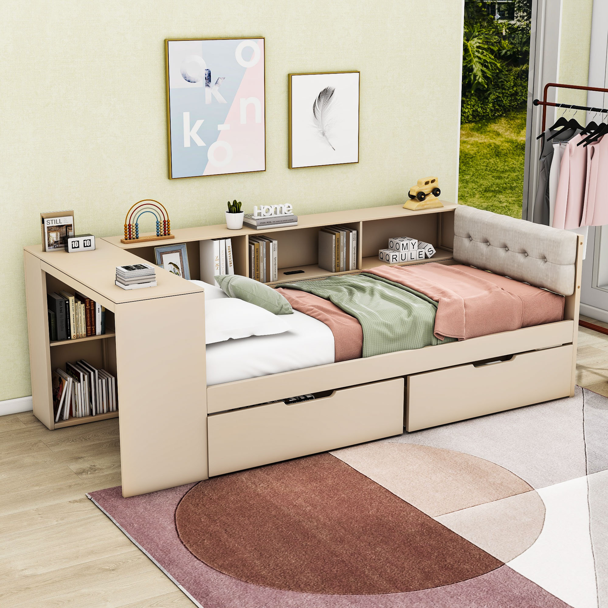 HaddaKella Daybed with Upholstered Headboard, Built-in Desk, Drawers ...