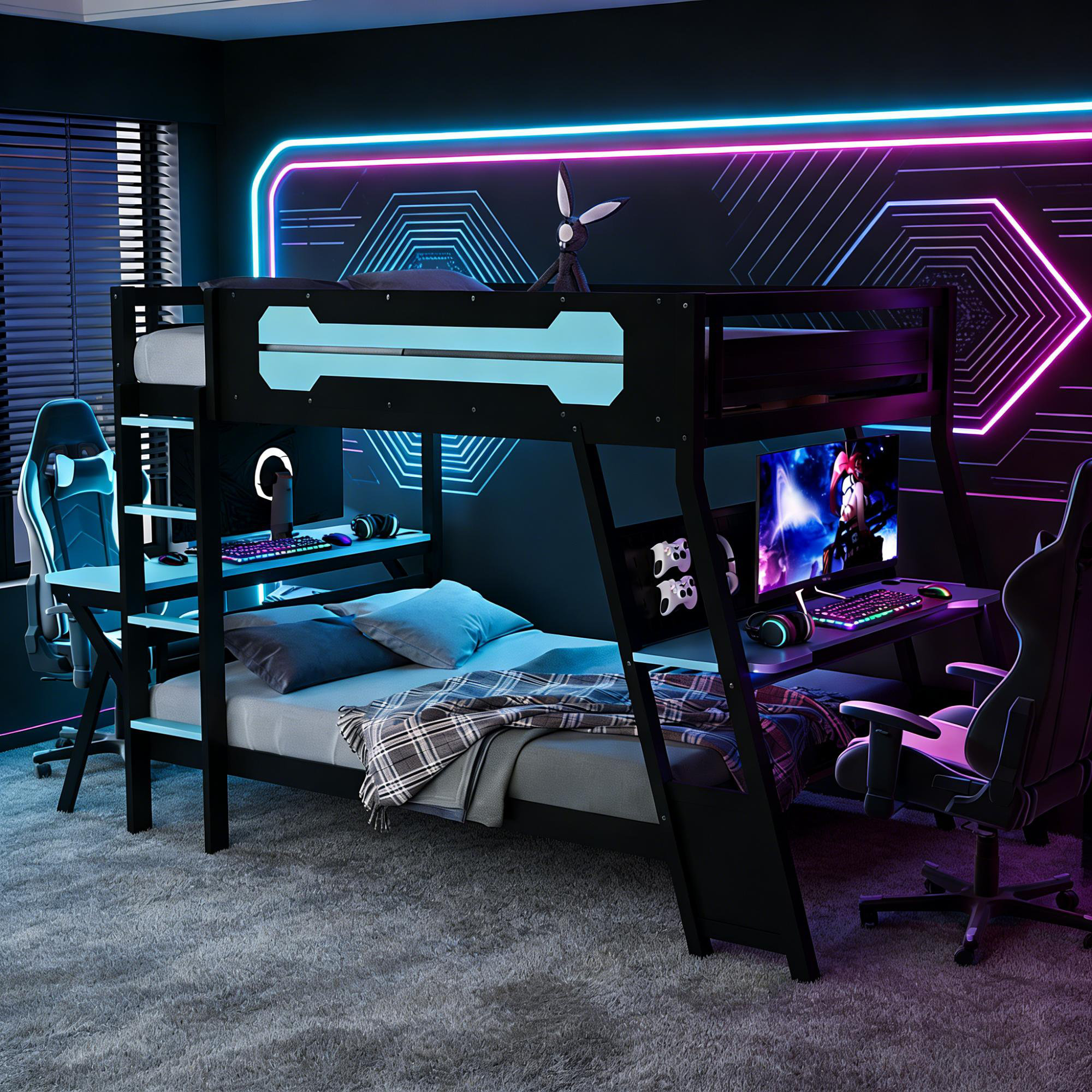 Ivy Bronx Modern Bunk Bed With Two Computer Desks, Power Outlets And ...