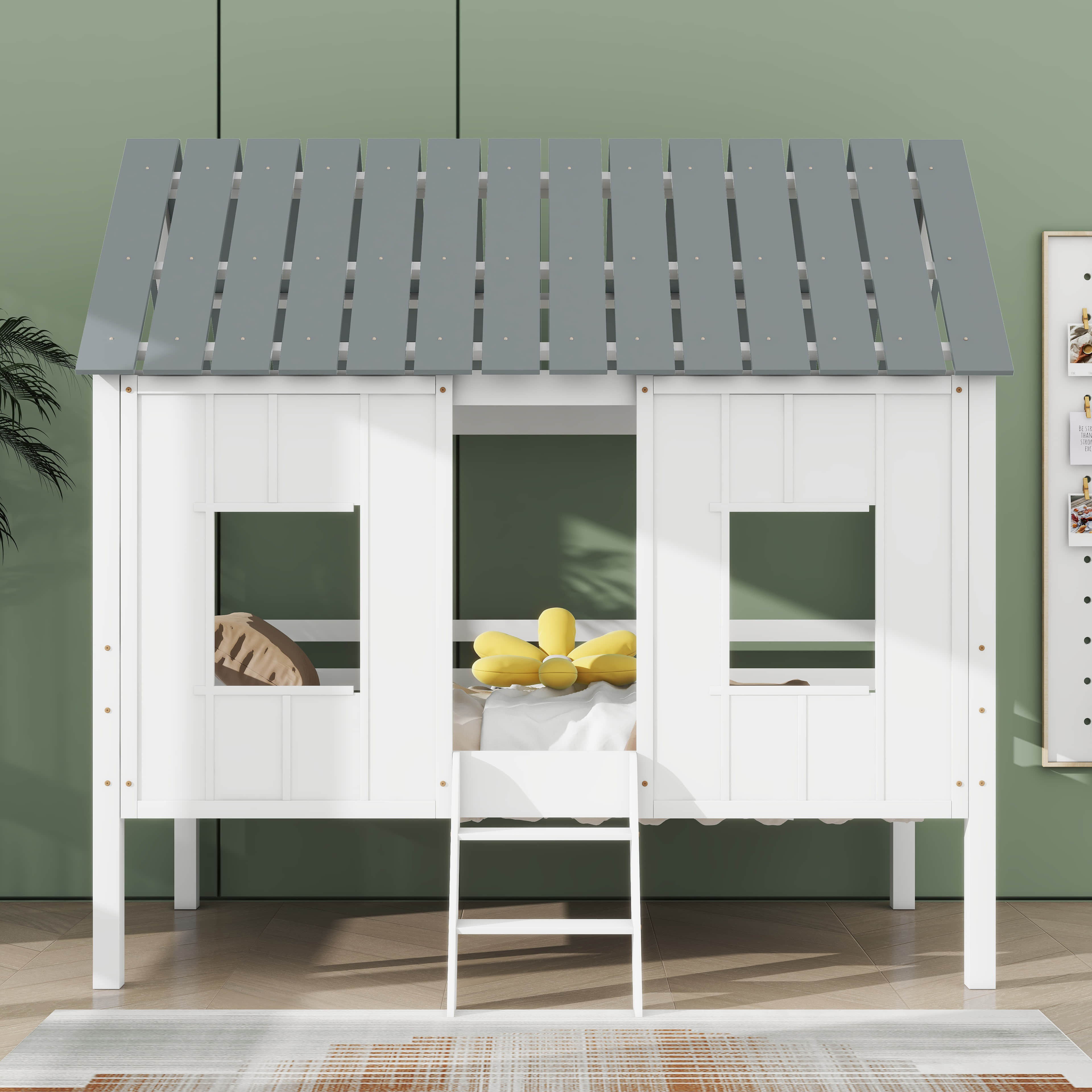 Harper Orchard A Low Loft Twin-Sized House Bed With A Roof And Two ...