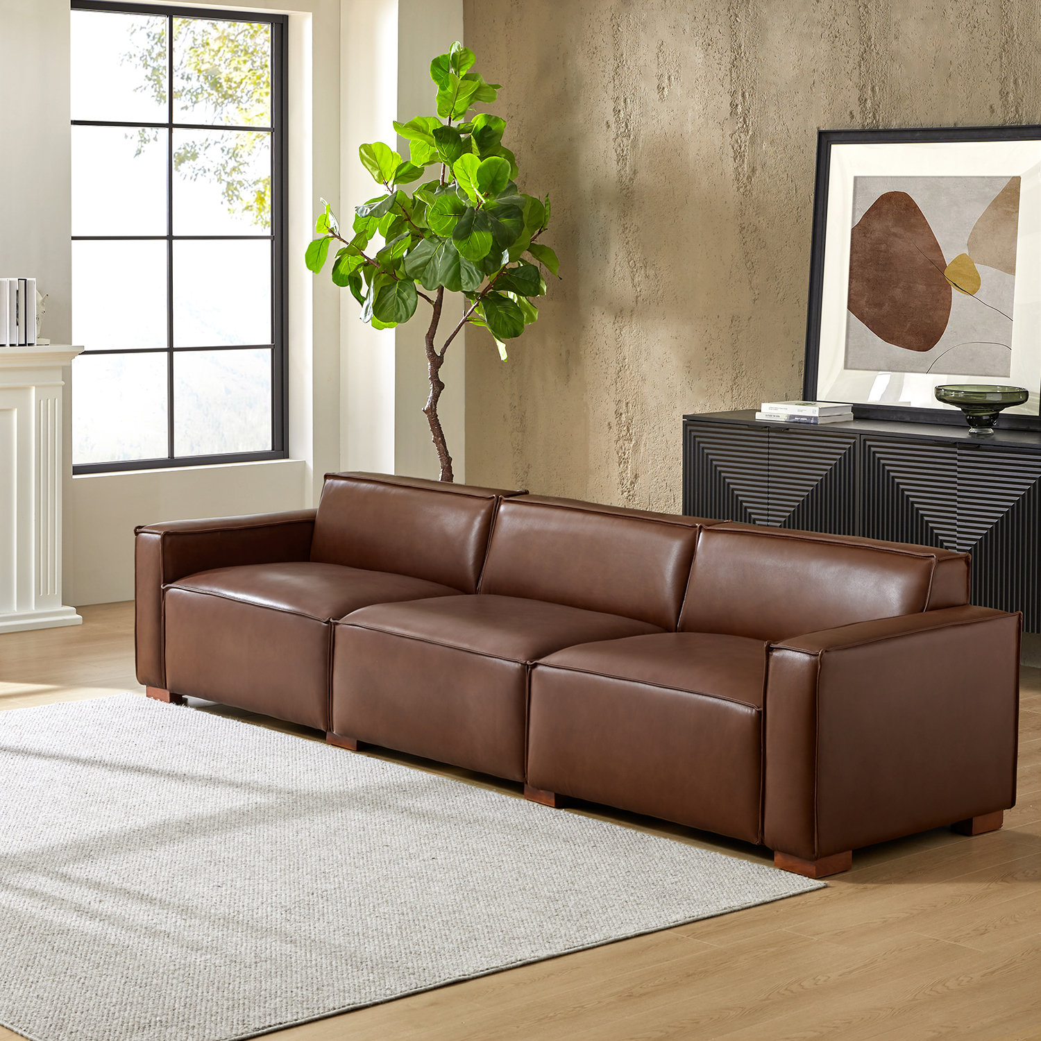 Wade Logan® Avreen 110" Genuine Leather Modular Sofa with Solid Wood ...