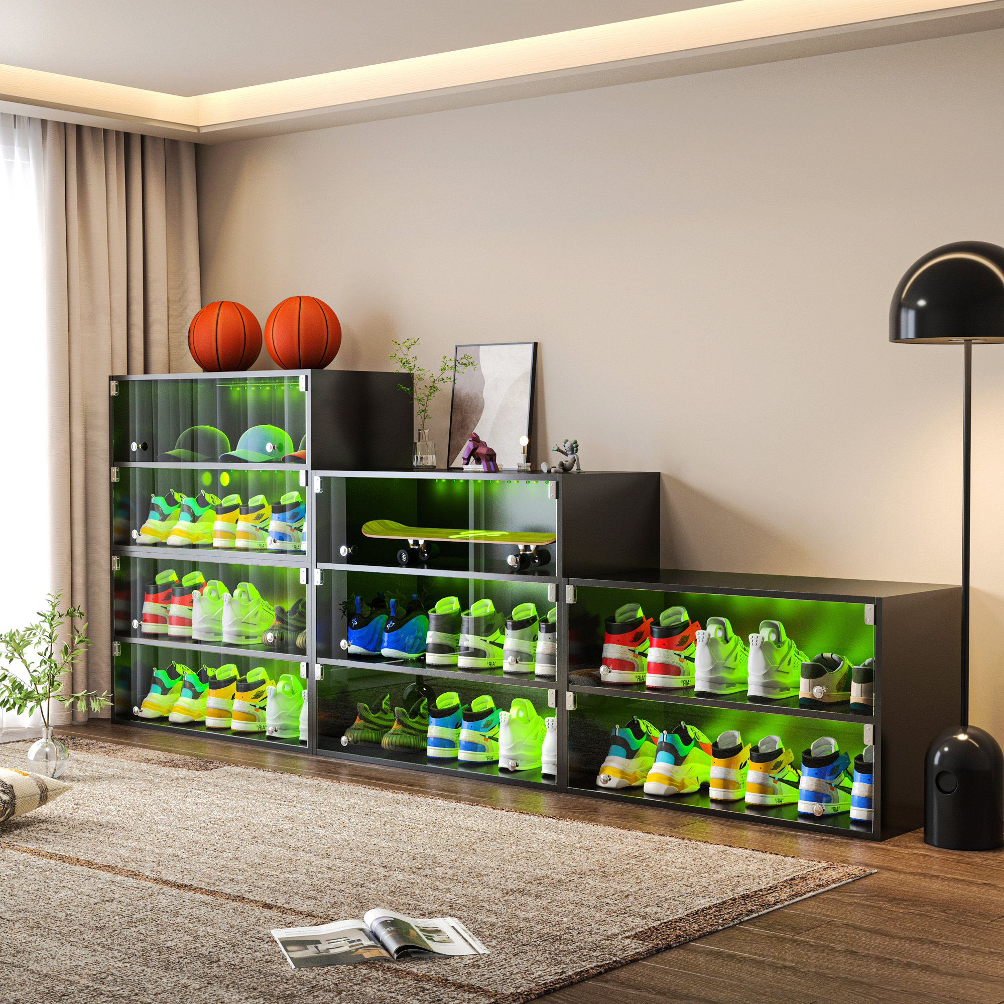 Wrought Studio™ Black Glass Door Shoe Box Shoe Storage Cabinet For ...