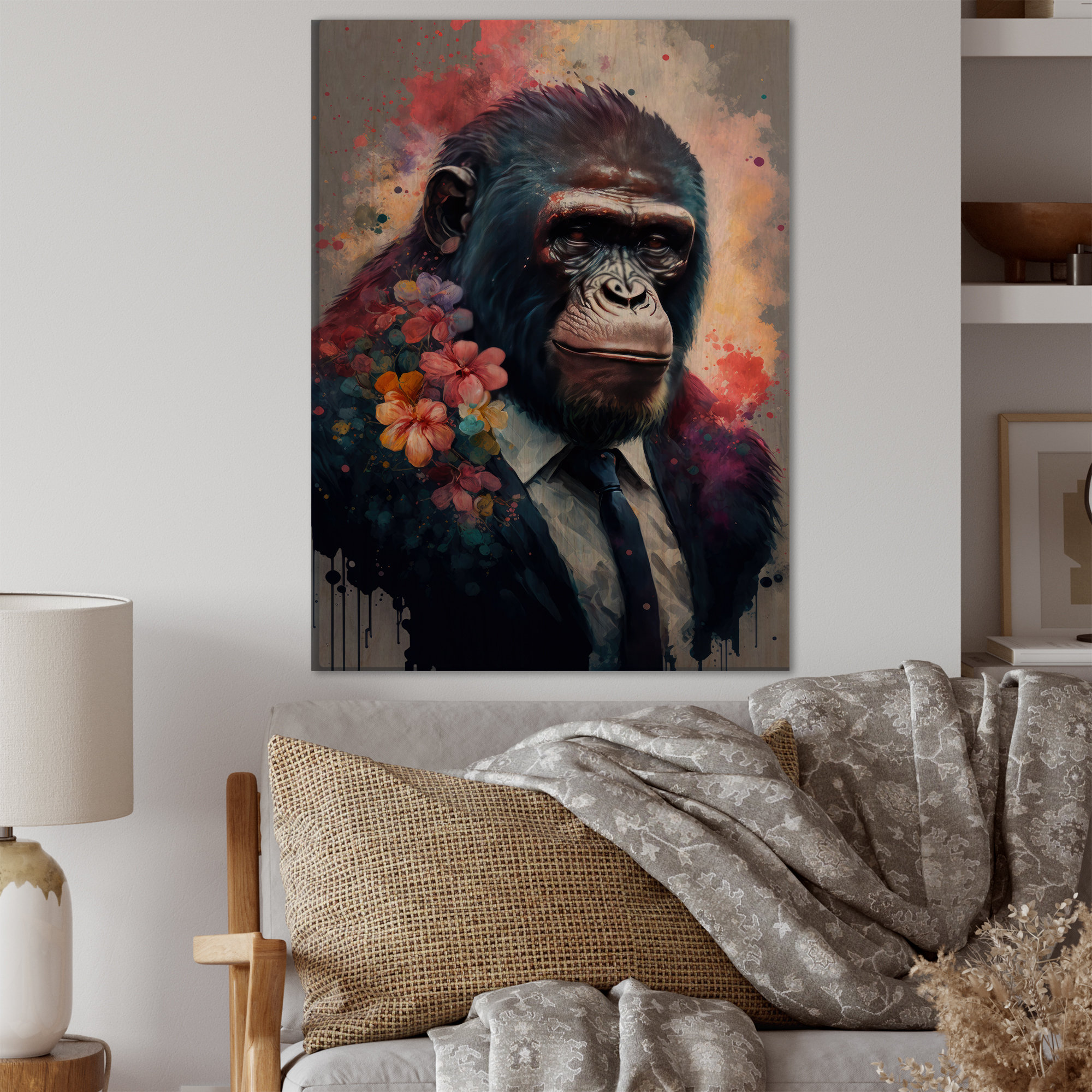 Trinx Cute Ape Floral Art Cute Ape Floral Art - Unframed Print on Wood ...