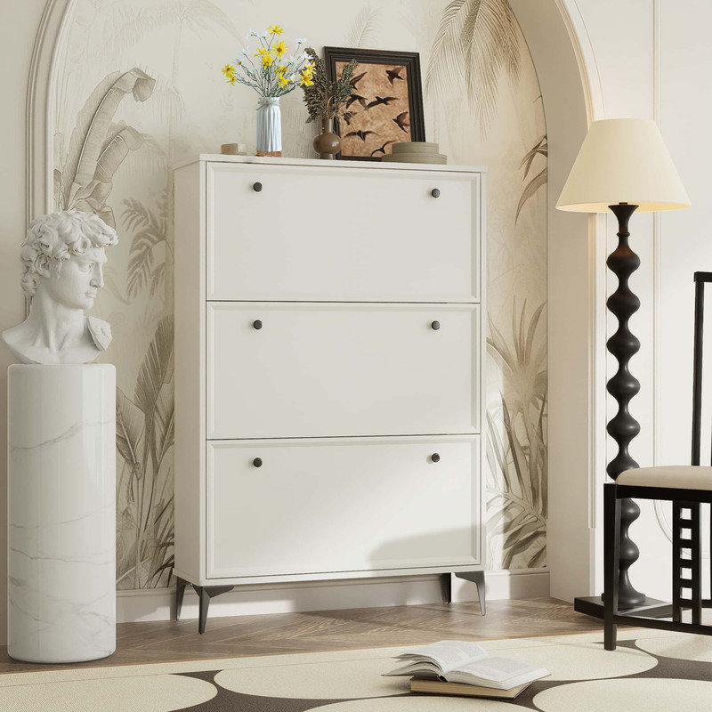 Latitude Run® Modern and stylish white shoe cabinet with 3 flip drawers ...