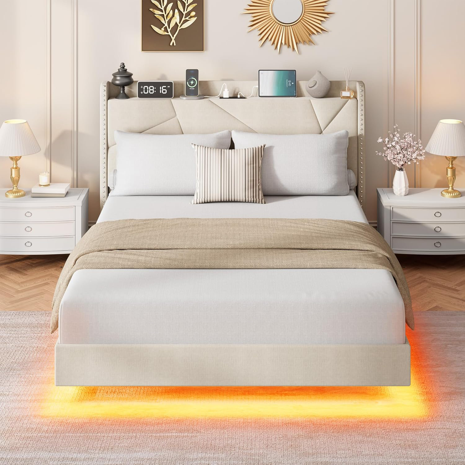 Wrought Studio™ Floating Bed Frame with RGB LED Lights and Charging ...