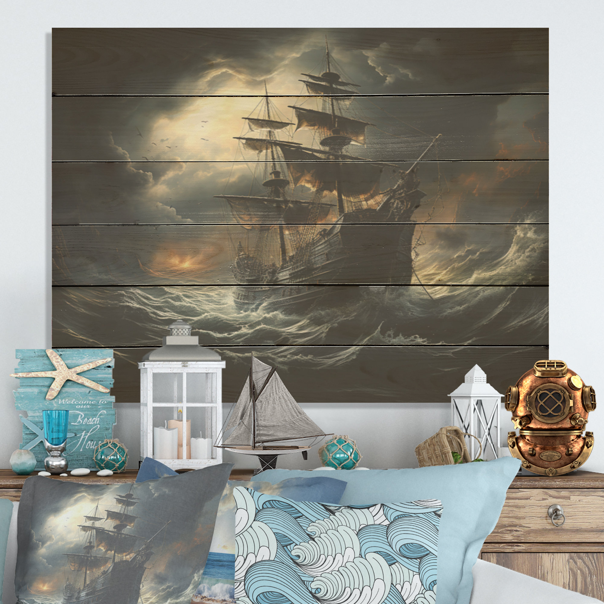 Breakwater Bay Pirate Ship At Stormy Seas - Pirate Wood Art On Natural ...