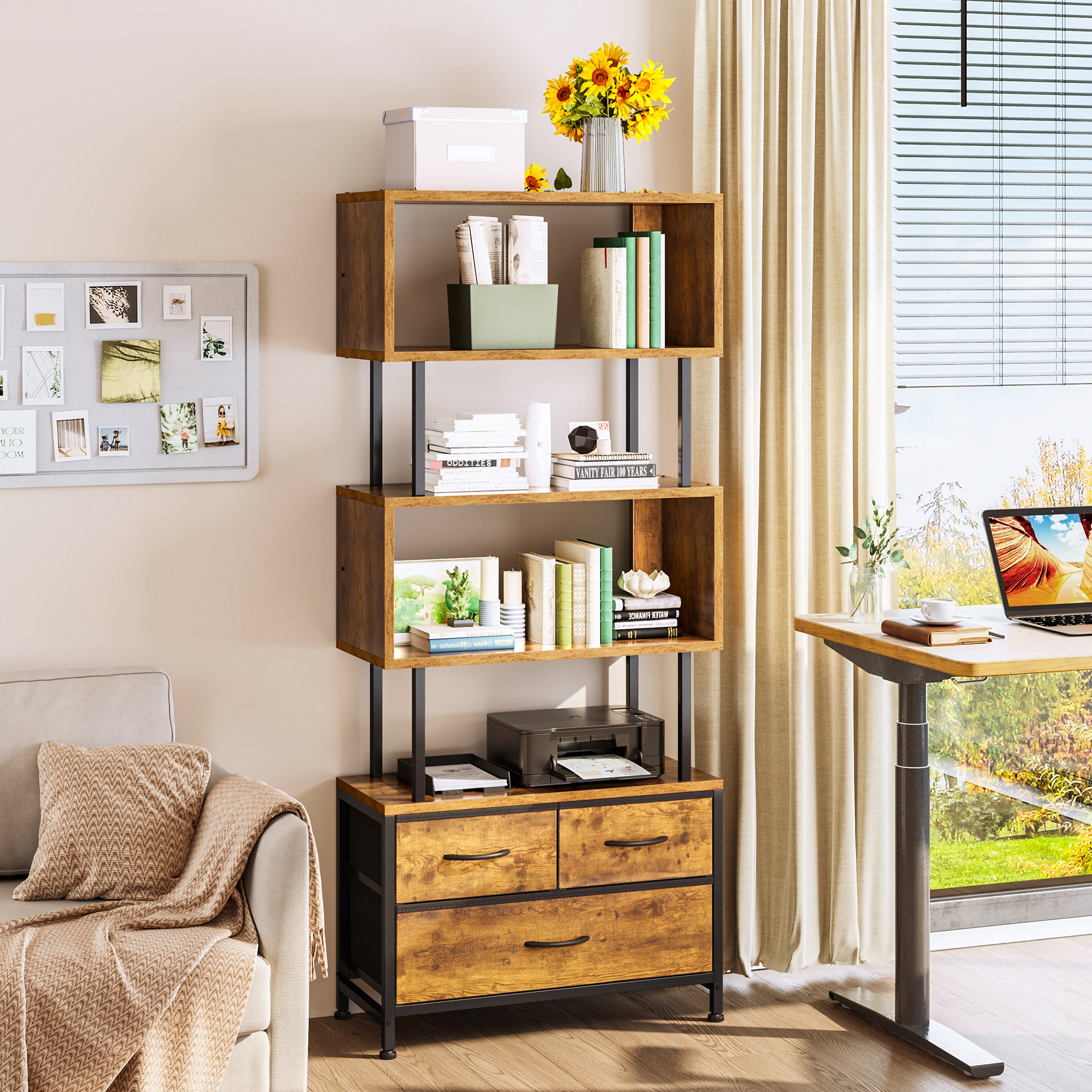 Ebern Designs Midhat Geometric Storage Bookcase with 3 Drawer & Reviews ...