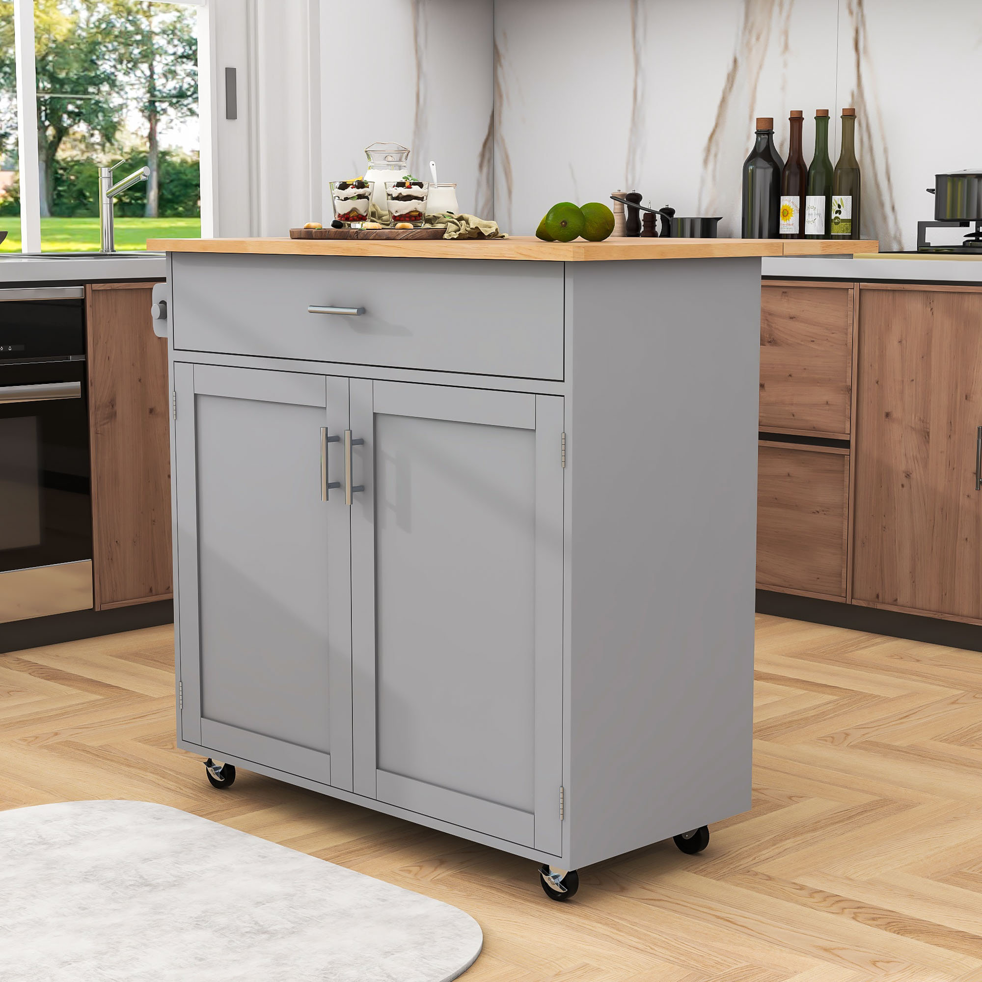 Winston Porter Grenda Wood Rolling Kitchen Cart with Drop Leaf Tabletop ...