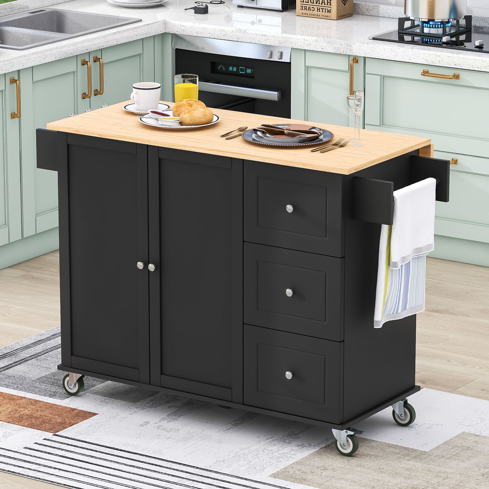 Ebern Designs Draden 3 Drawers Rolling Mobile Kitchen Island With Wood ...