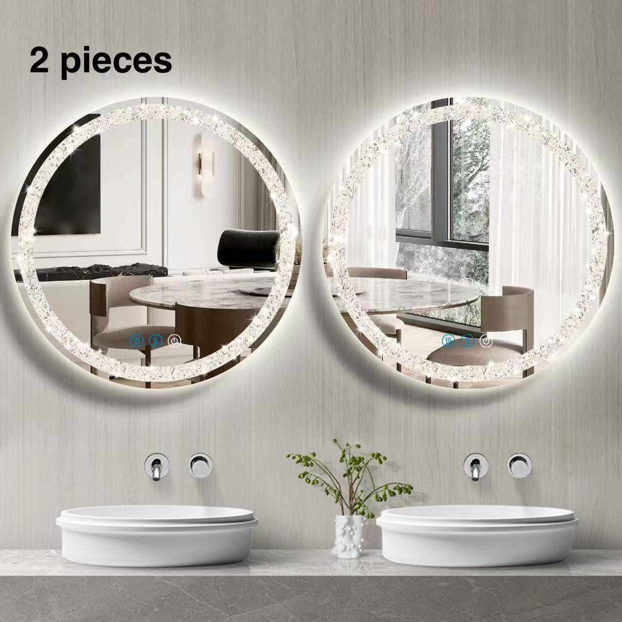 Wrought Studio™ (2 Pieces)24 Inch Bathroom Crystal Led Round Mirror ...