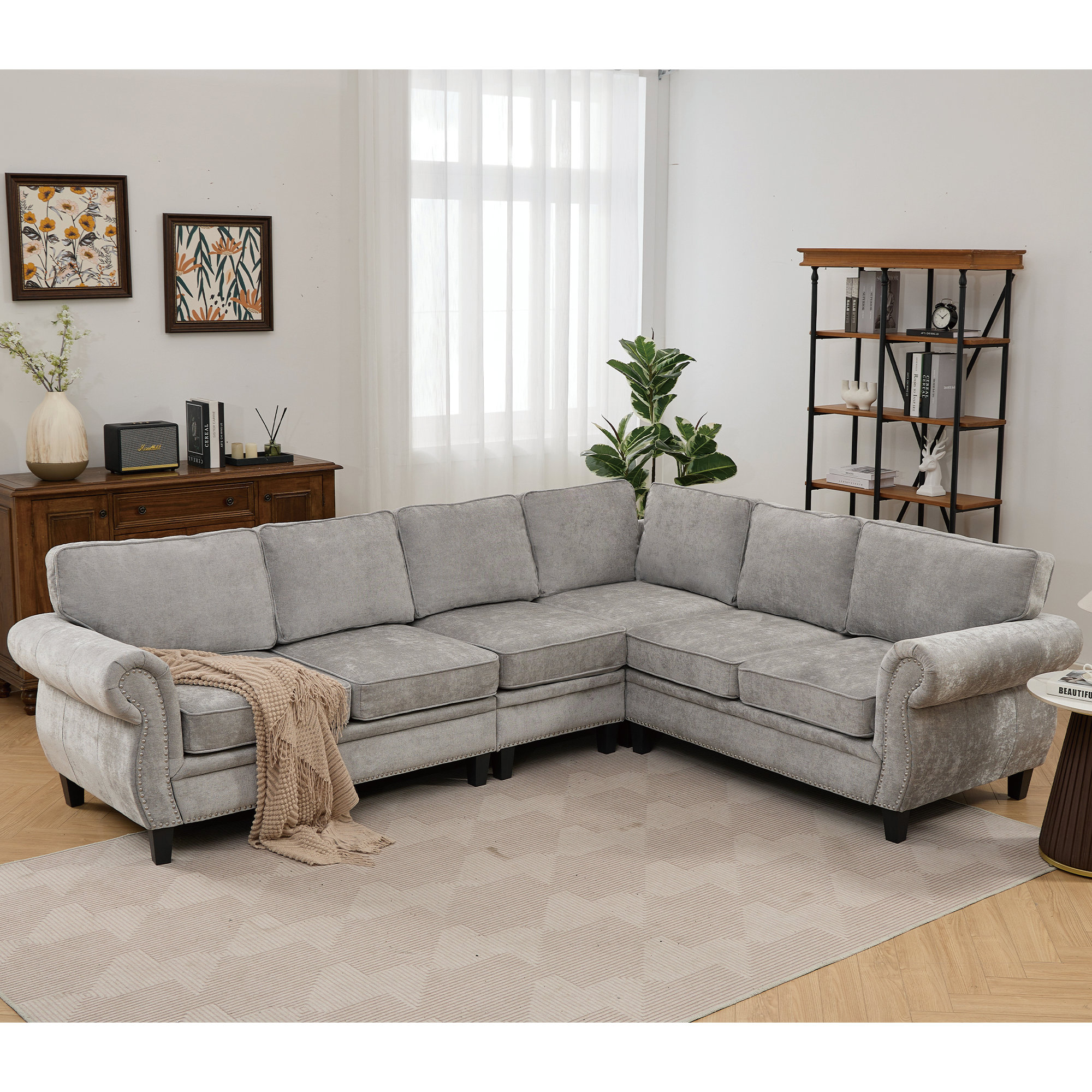 Lark Manor Light Grey 109.5" Modular Sectional Sofa, Rivets Decorated ...