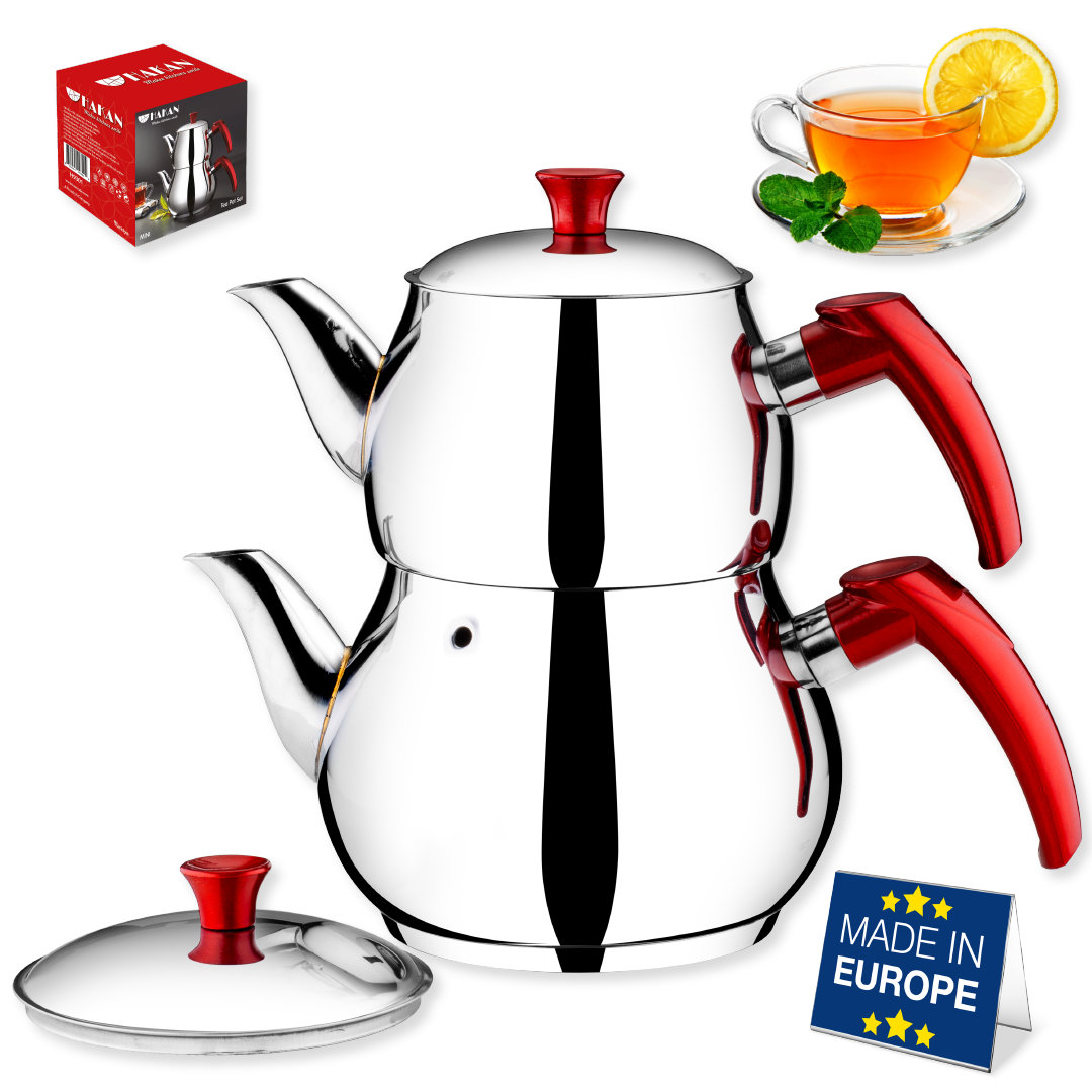 Hakan Stainless Bondy 2 L Mini Steel Double Turkish Tea Pot Set With ...