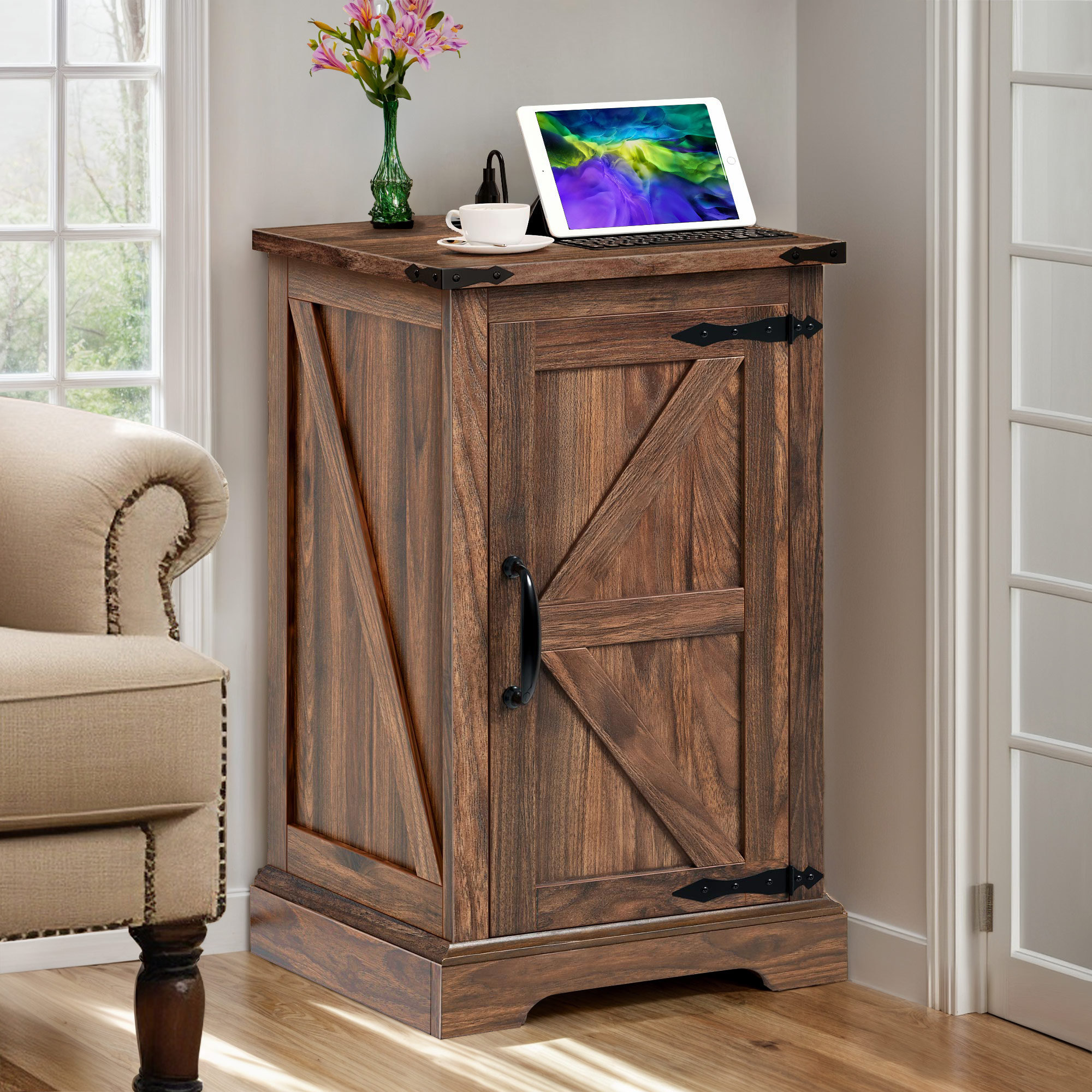 Gracie Oaks Brown End Table with Charging Station & Storage Shelf ...