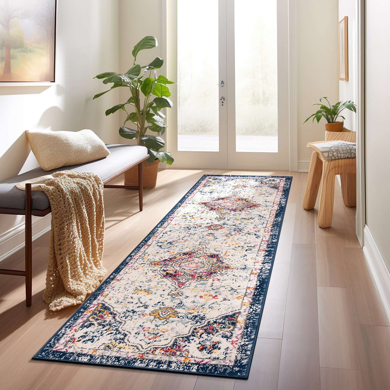 Langley Street® Luff Oriental Performance Blue/Ivory/Orange Area Rug ...