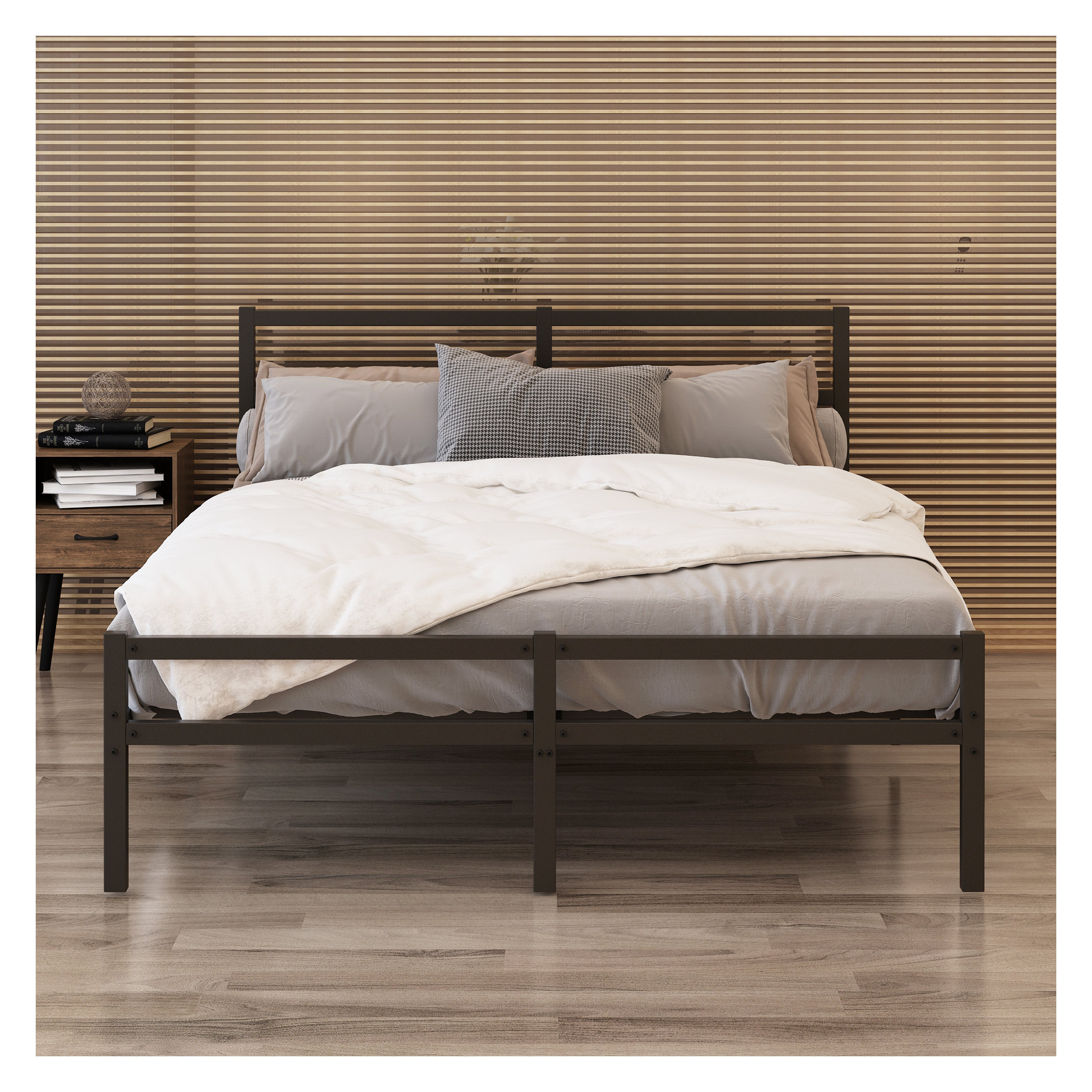 Ivy Bronx Modern Black Metal Platform Bed Frame with Headboard - King ...