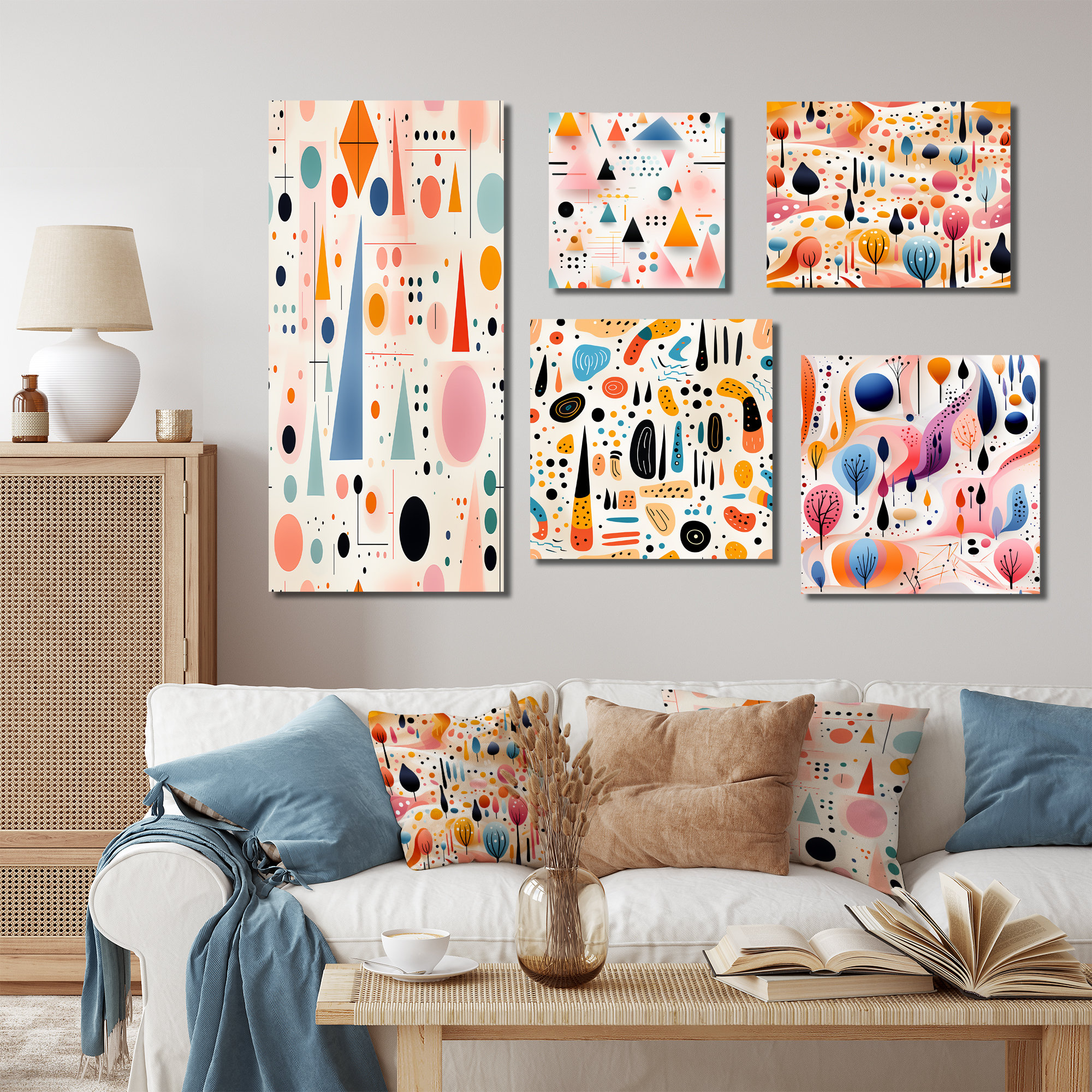 Design Art Pink Geometric Forms Pattern - Geometric Canvas Wall Art Set ...