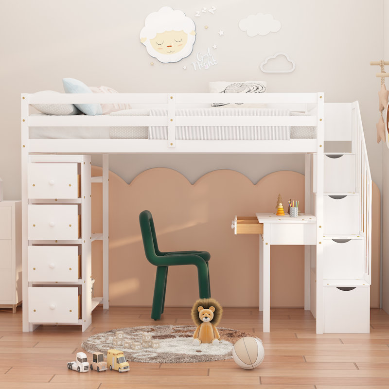 Harriet Bee Hayzlee Kids Twin Loft Bed with Storage Drawers ,Desk and ...