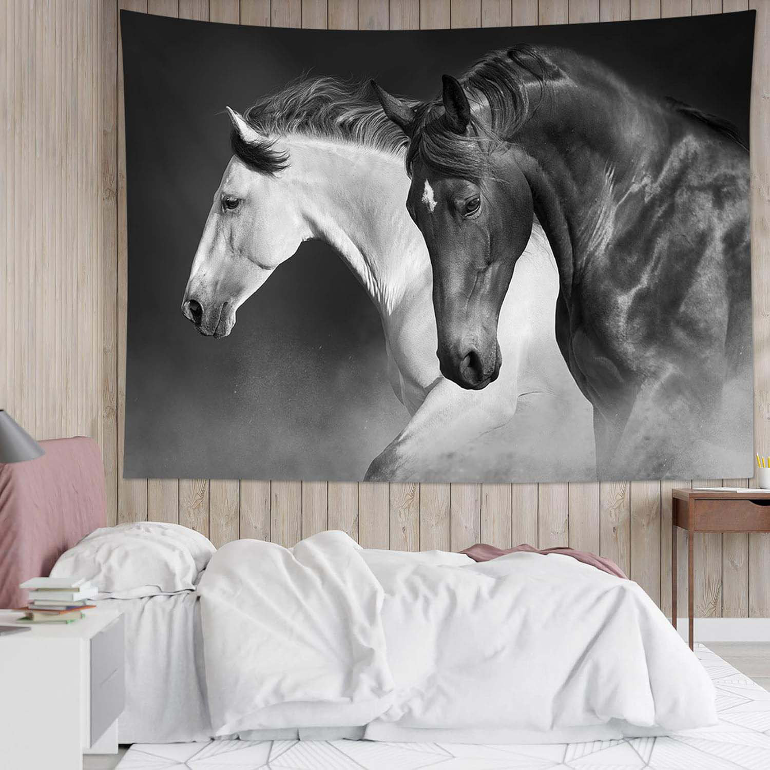 East Urban Home Black And White Horse Tapestry Galloping Horses ...
