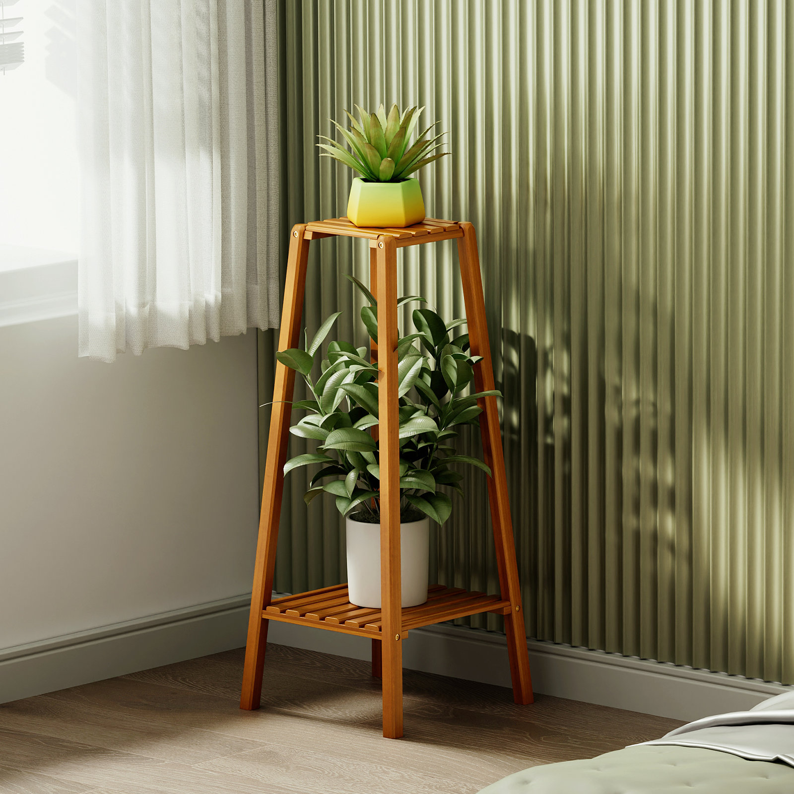 Arlmont & Co. 2 Tier Bamboo Tall Plant Stand Small Space Flower Pot ...