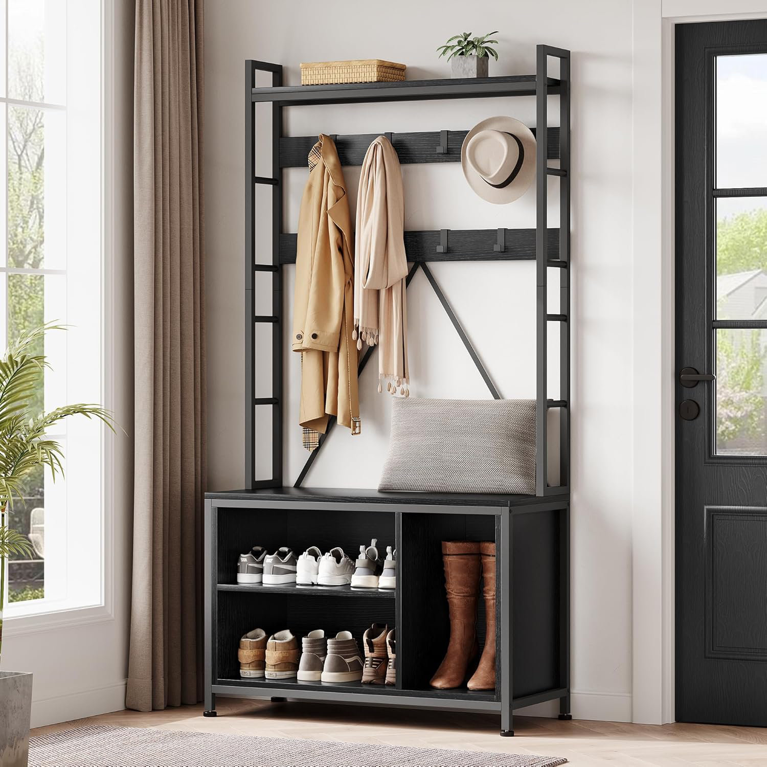 17 Stories Coat Rack Shoe Bench Industrial Hall Tree With 3 Cubbies And ...