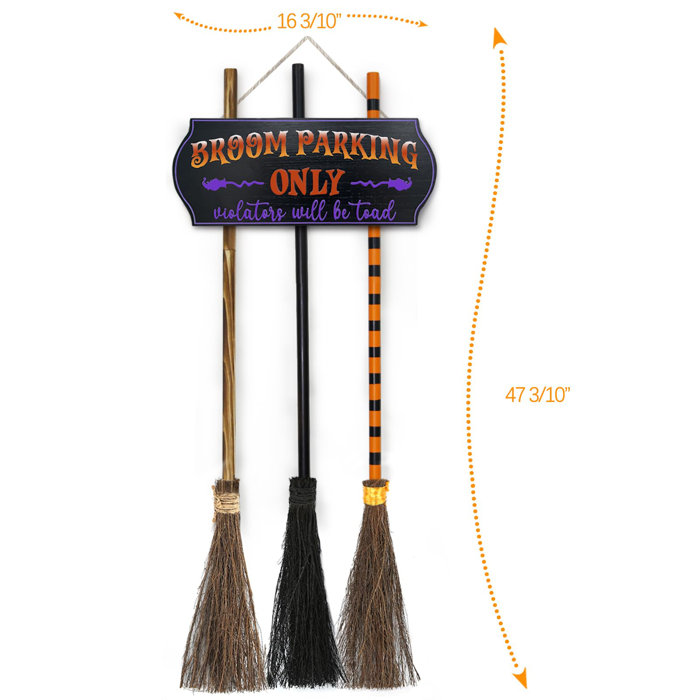 The Holiday Aisle® Halloween Decor - Broom Parking Sign with 3 Wooden ...
