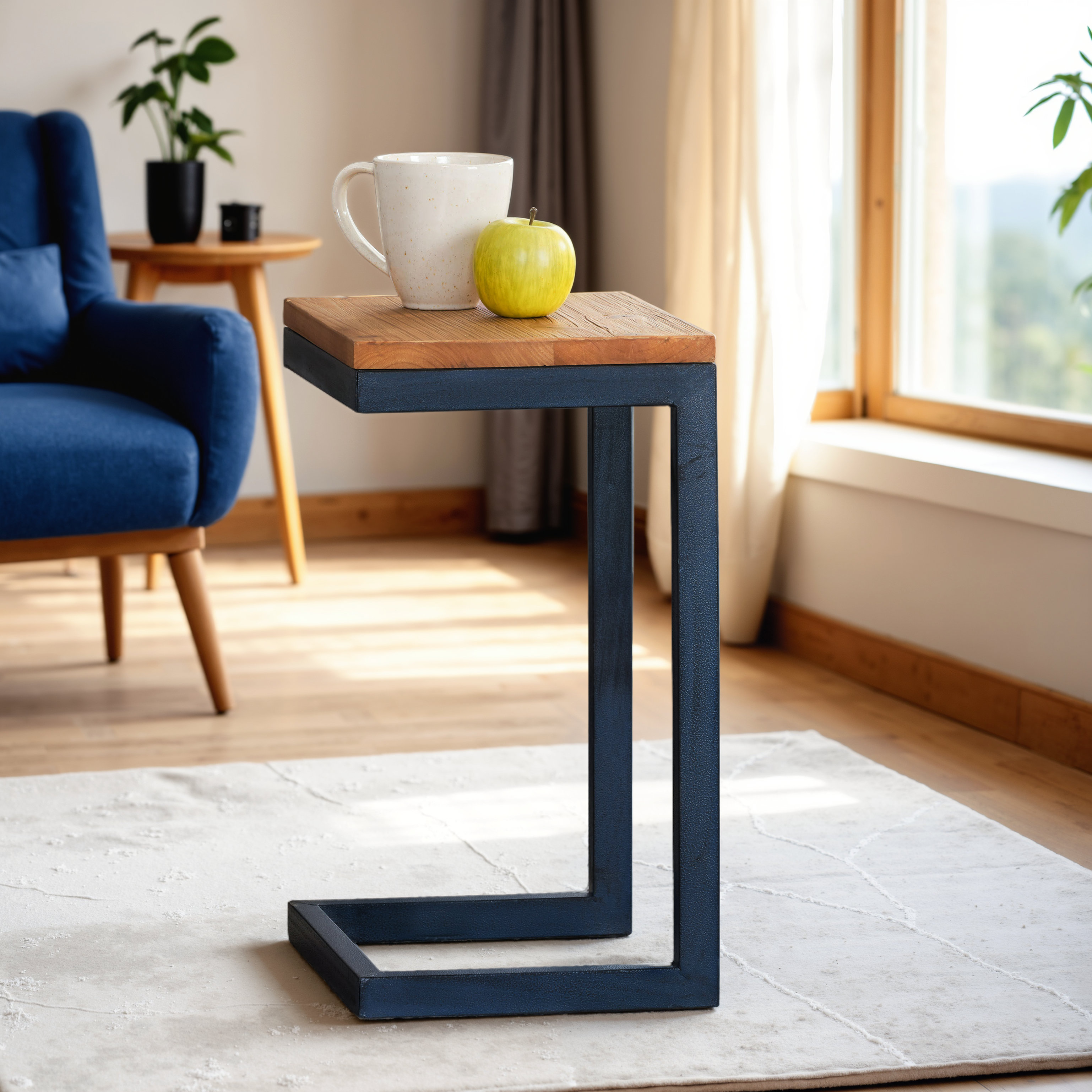 17 Stories Fir Wood C-Shaped Accent Table with Antique Iron Base | Wayfair