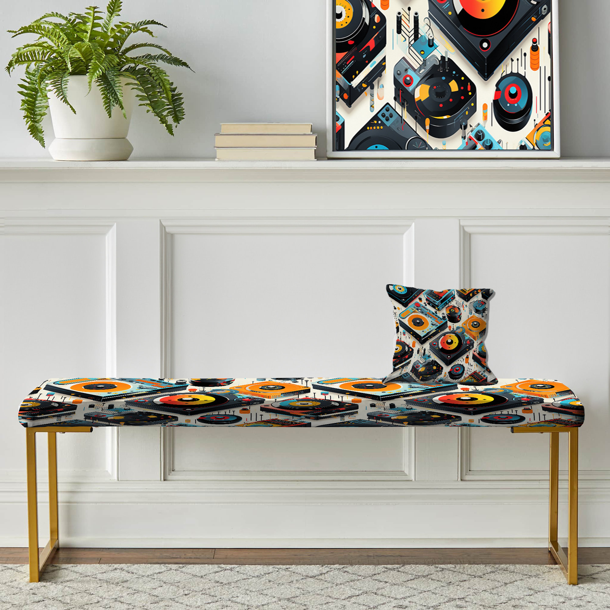 Design Art Turntables Boom Boxes Spots - Pop Art Upholstered Gold Bench ...