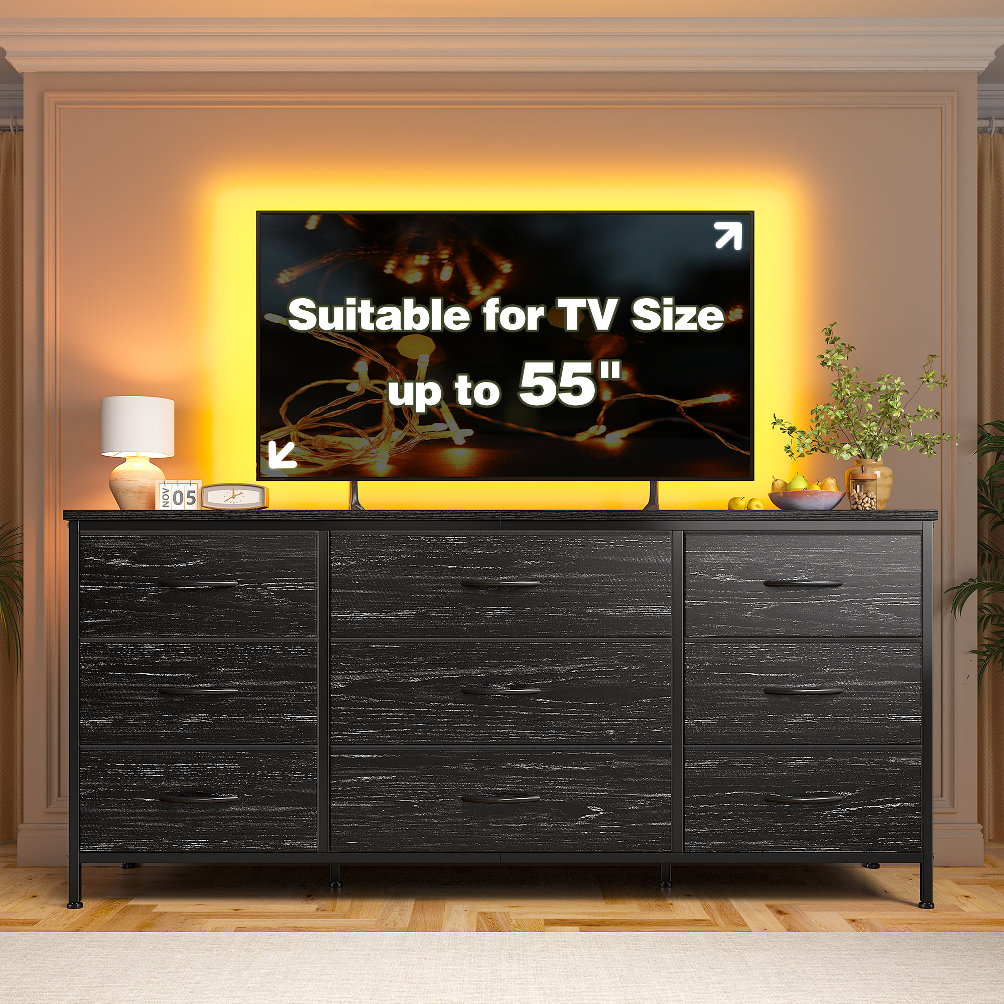 17 Stories Commode télé avec commode 9 tiroirs pour chambre à coucher ...