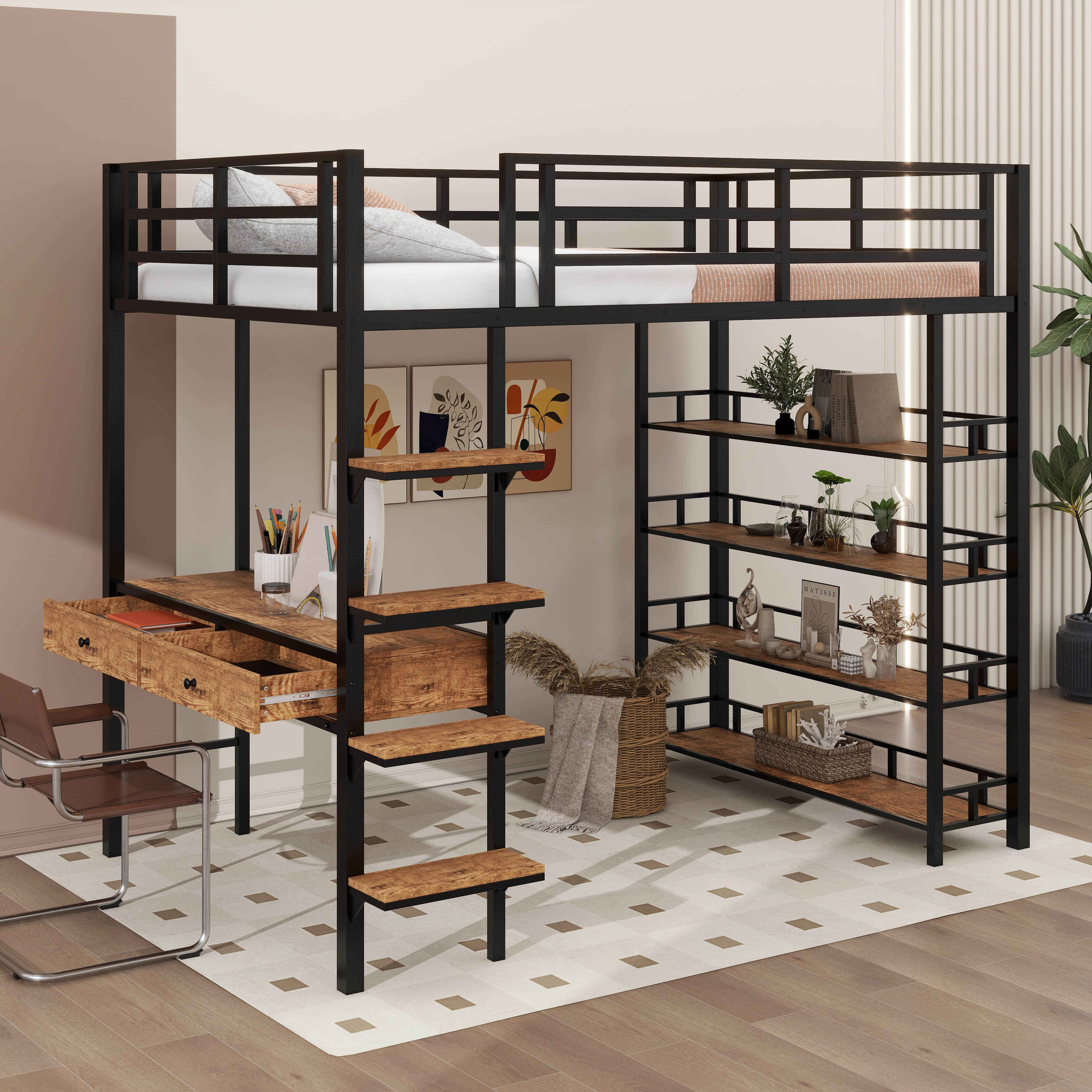 Mason & Marbles A Metal Loft Bed, Equipped With An Attached Desk And ...