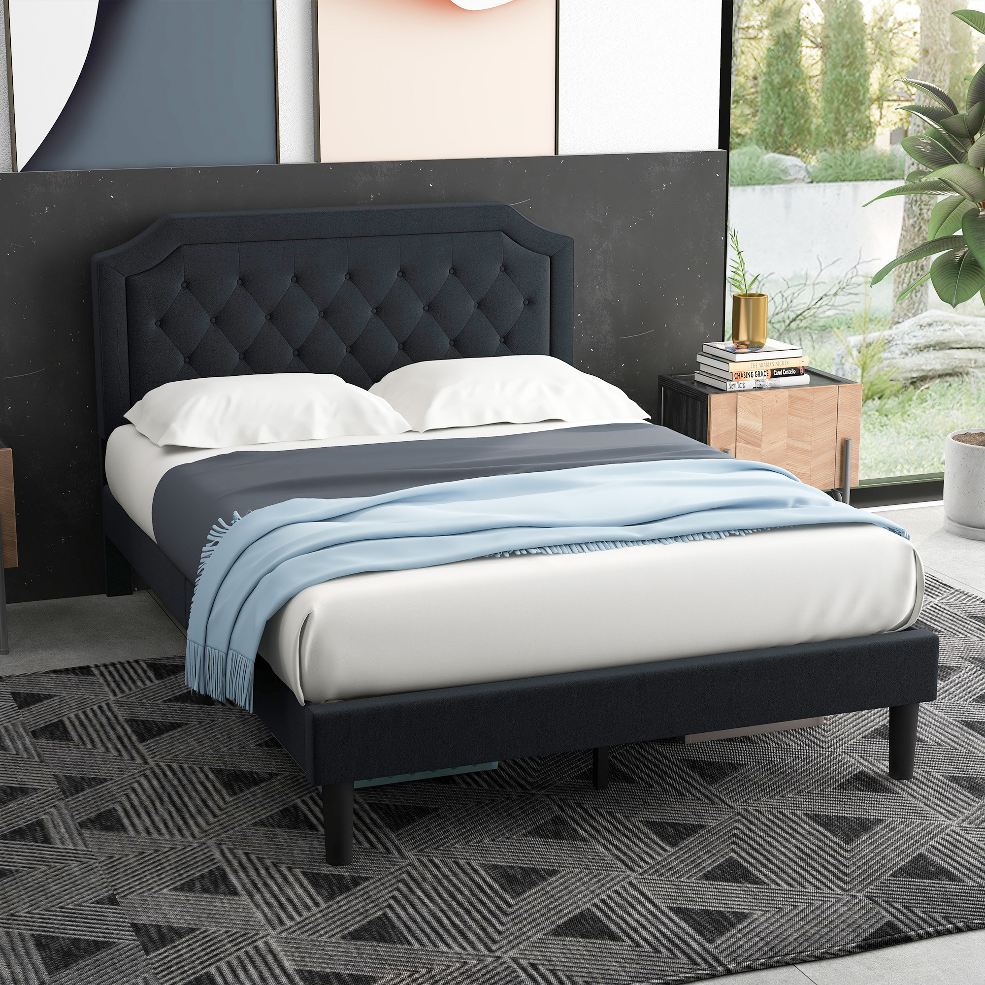 Winston Porter Onua Upholstered Platform Bed With Tufted Headboard and ...