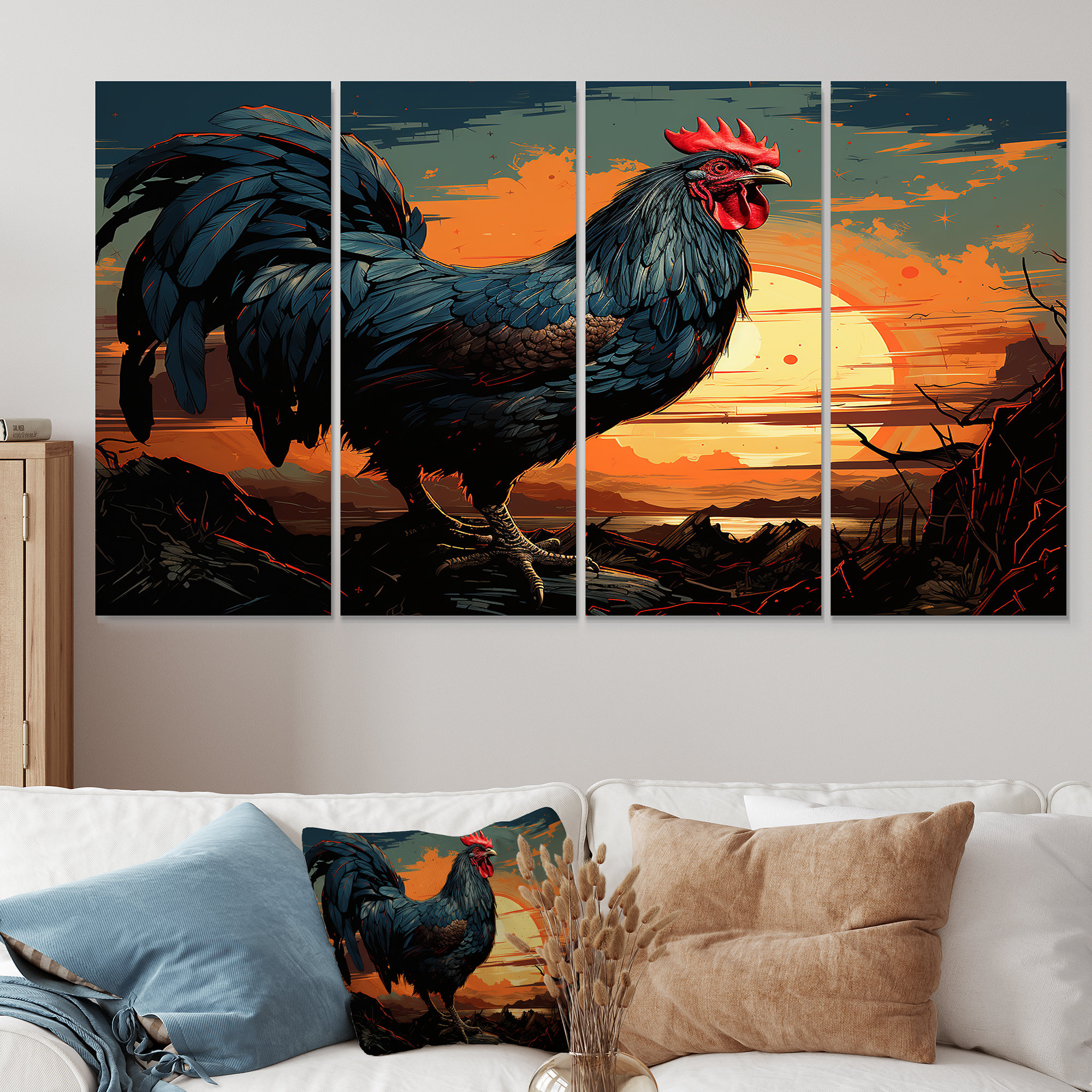 August Grove® Sunset Roosters Farmyard II - Rooster 4 Piece Wall Art ...