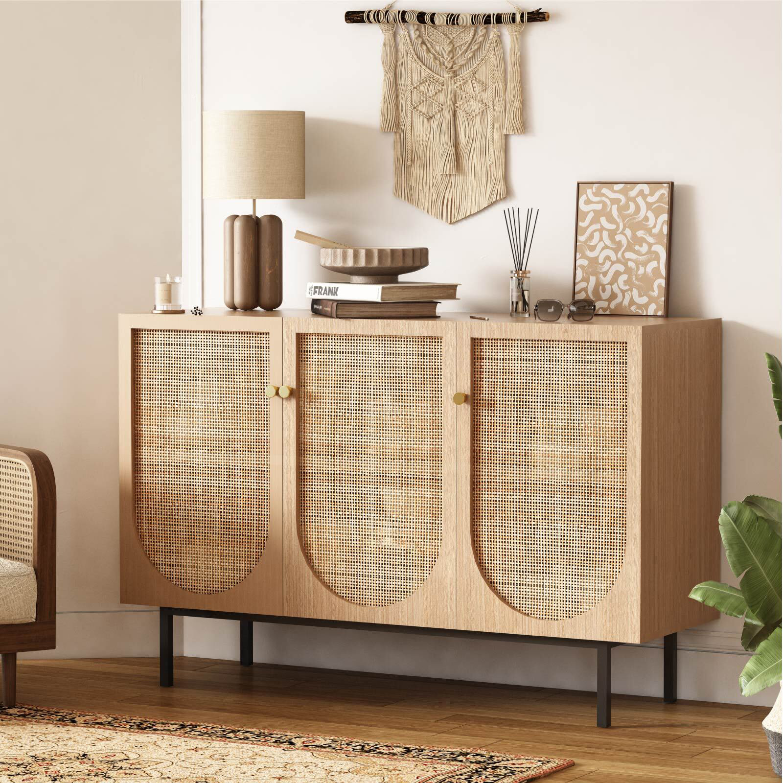 Bay Isle Home™ 46'' Wicker Sideboard, Natural Rattan 3-Door Cabinet ...