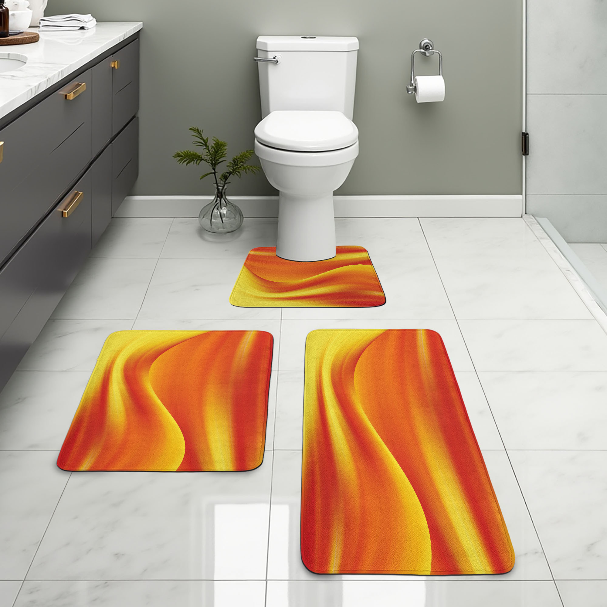 East Urban Home Orange Bathroom Rug Set 3 Pieces U-Shape & Rectangle ...