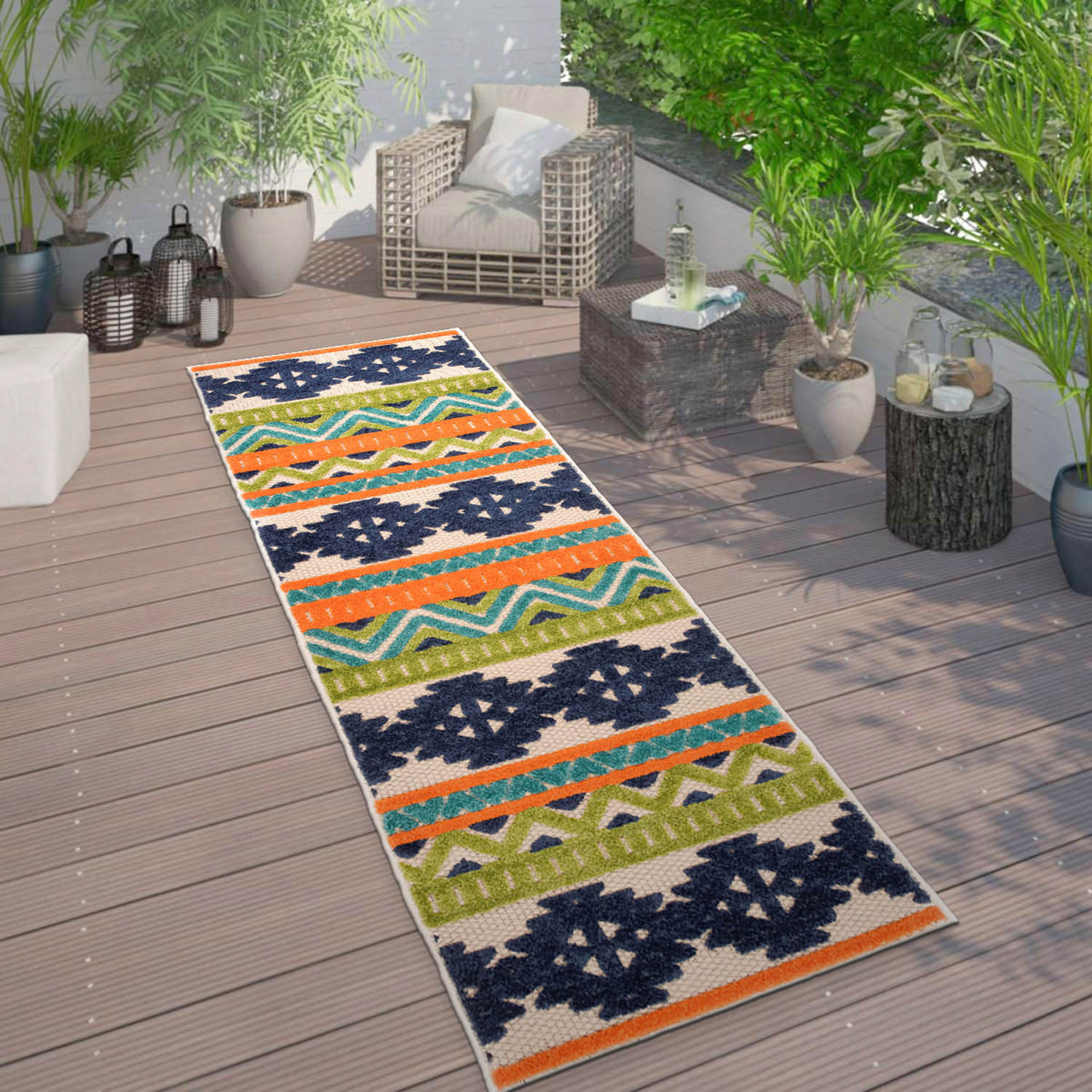 Steelside™ Heston Geometric Navy/Green/Orange Indoor & Outdoor Area Rug ...