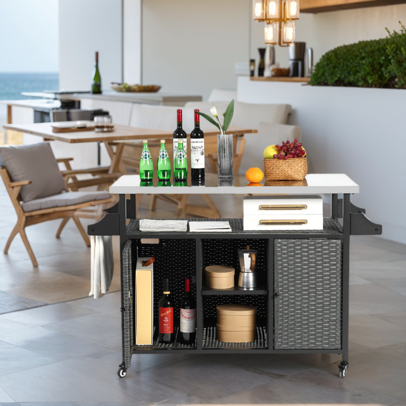 Red Barrel Studio® Outdoor Wicker Bar Cart W/Wheels,Patio Kitchen ...