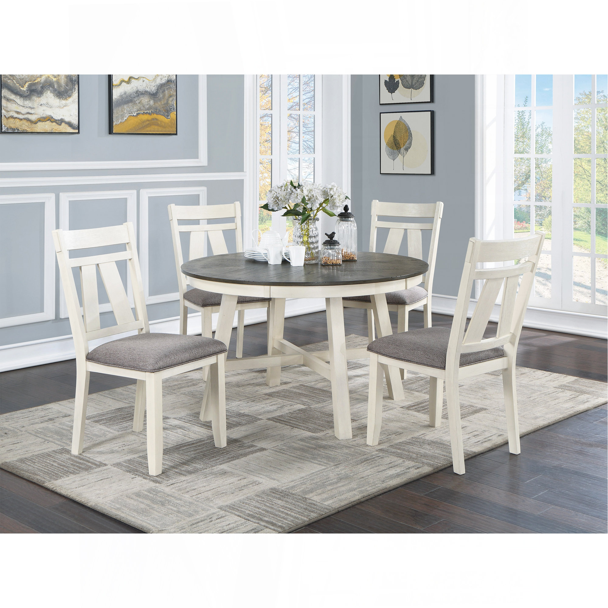 Winston Porter Dining Room Furniture 5Pc Dining Set Round Table And 4X Side Chairs Gray Fabric ...