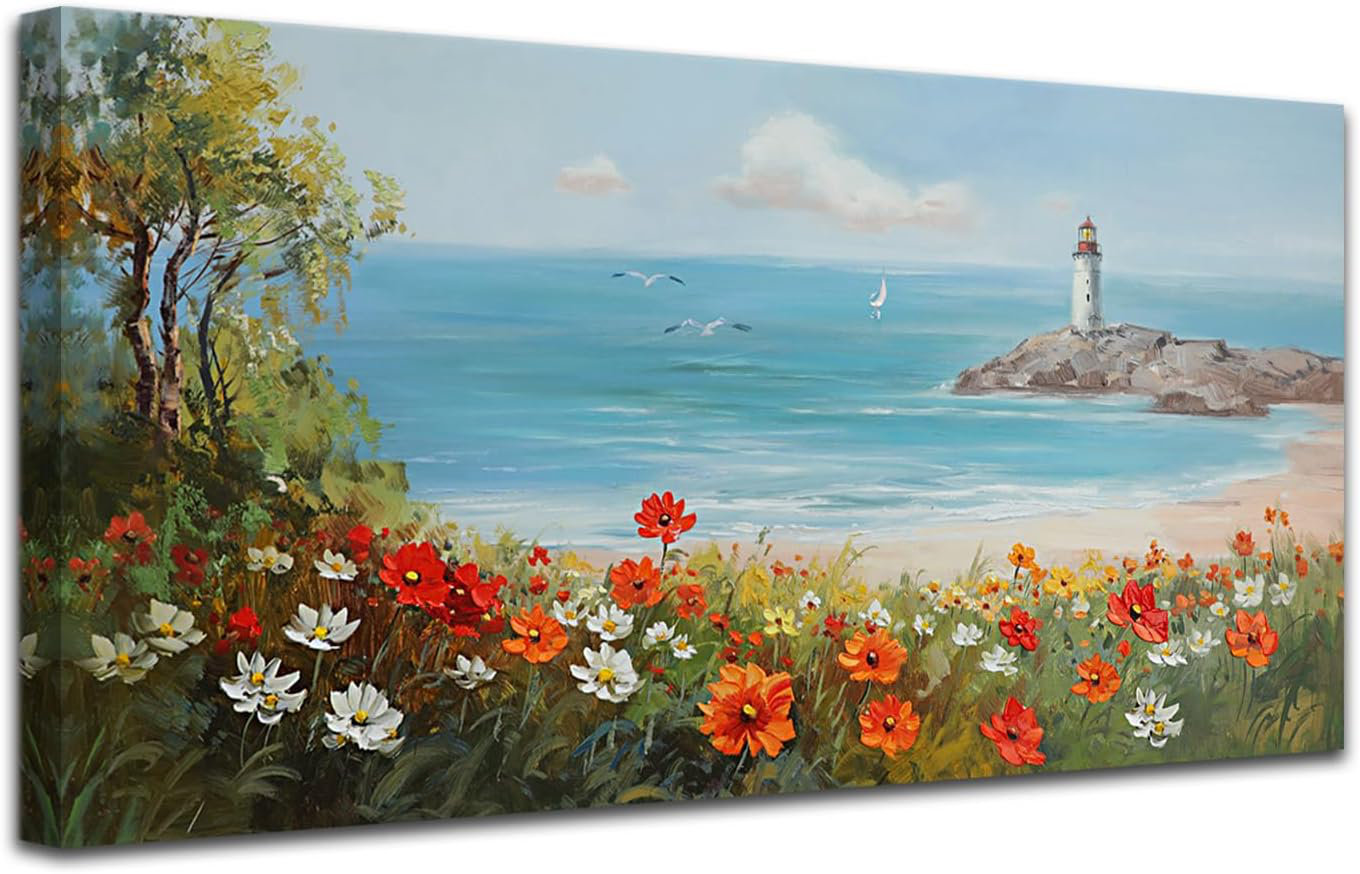 Mercer41 Wall Art Canvas Blue Ocean Lighthouse Painting Seascape ...