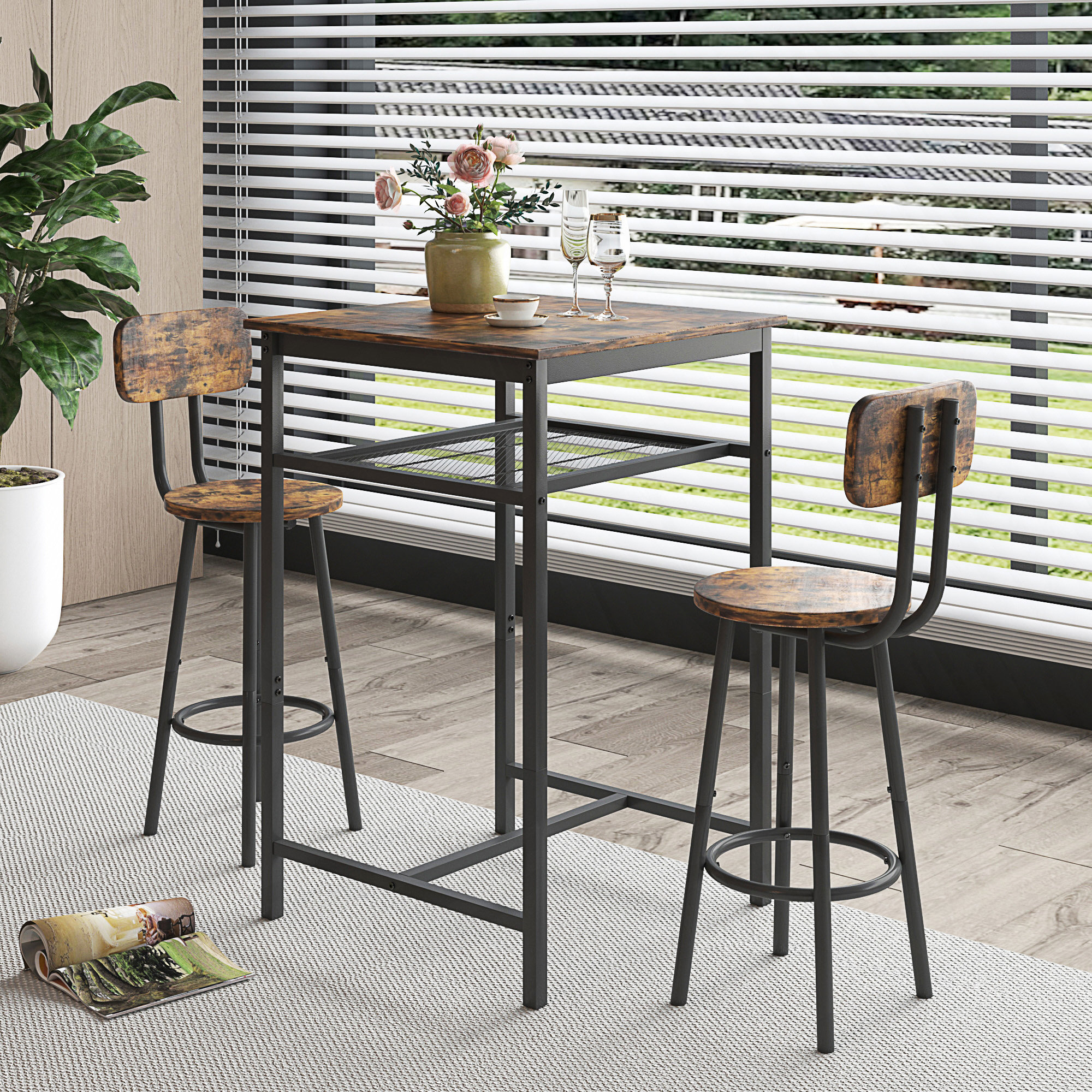 Ebern Designs Stylish Counter Height Bar Table Set With 2 Backrest ...