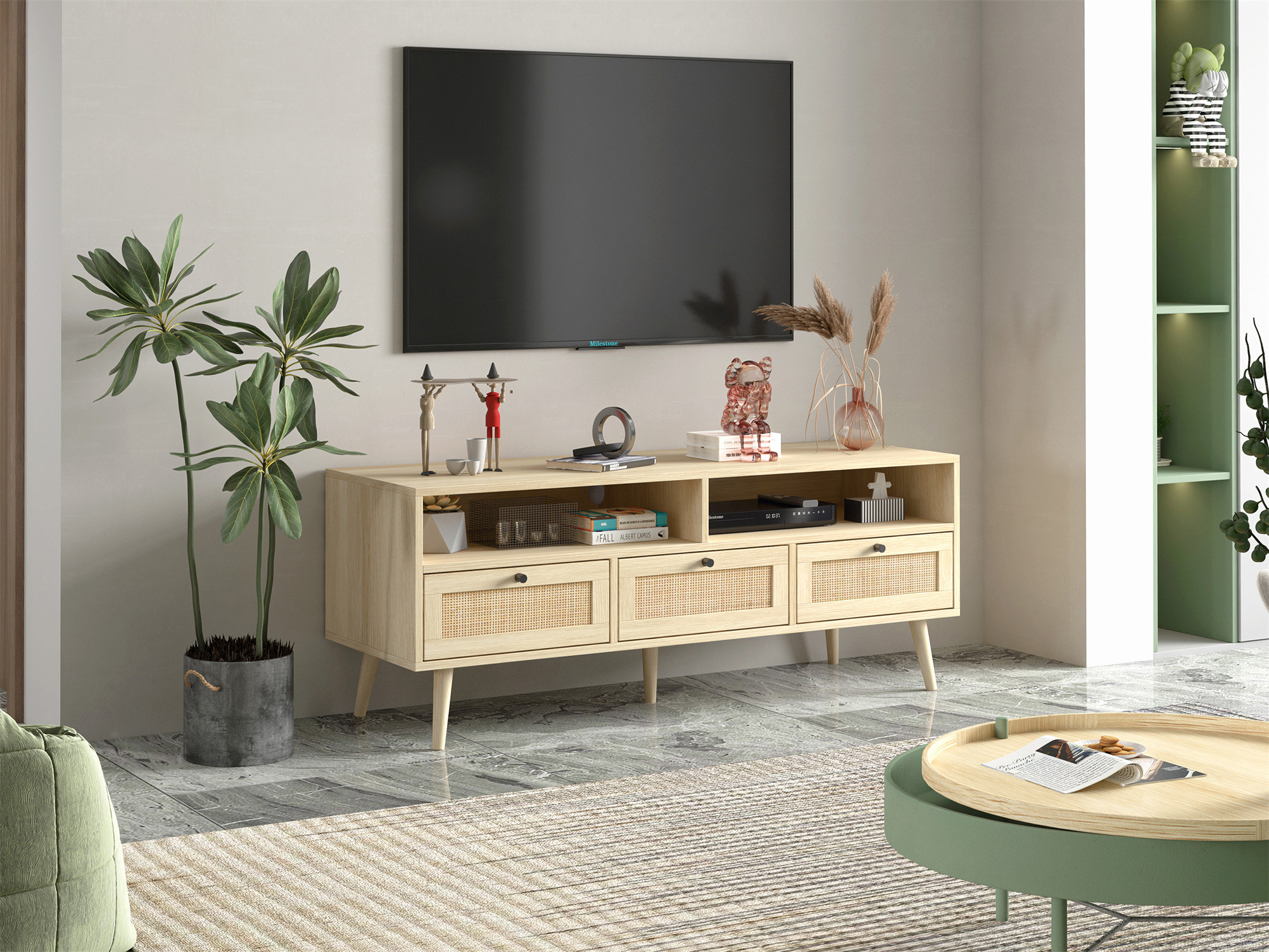 Bay Isle Home Rattan TV Stand With Solid Wood Feet, TV Console Table ...