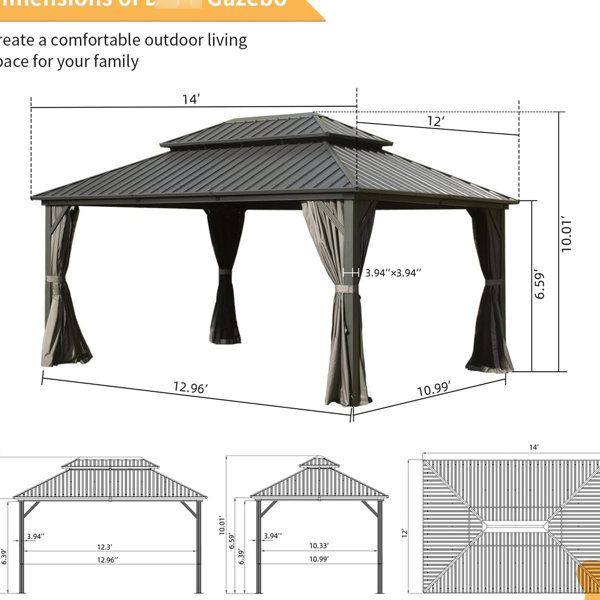 Arlmont & Co. 12' X 14' Gazebo With Galvanized Steel Roof - For Deck ...