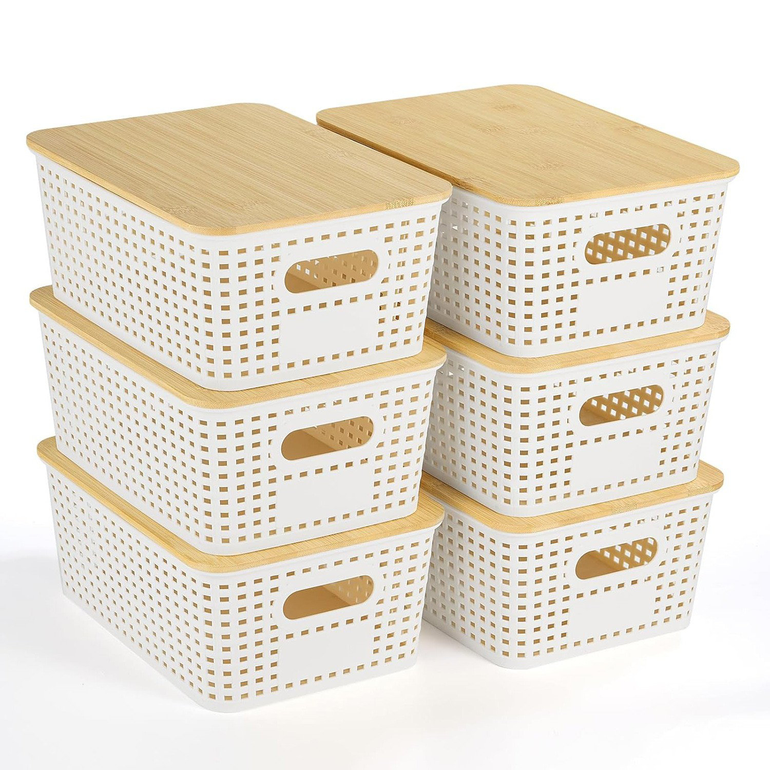 NIHAISHI 6 Pack Plastic Storage Baskets With Bamboo Lid | Wayfair