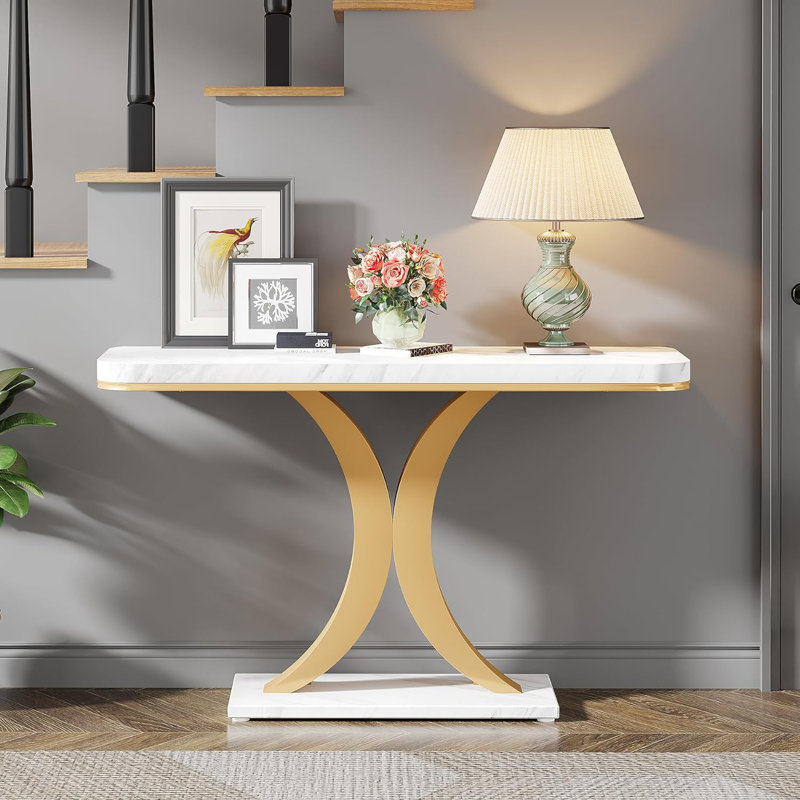 Mercer41 Narrow Entryway Console Table, Small, White+Gold | Wayfair