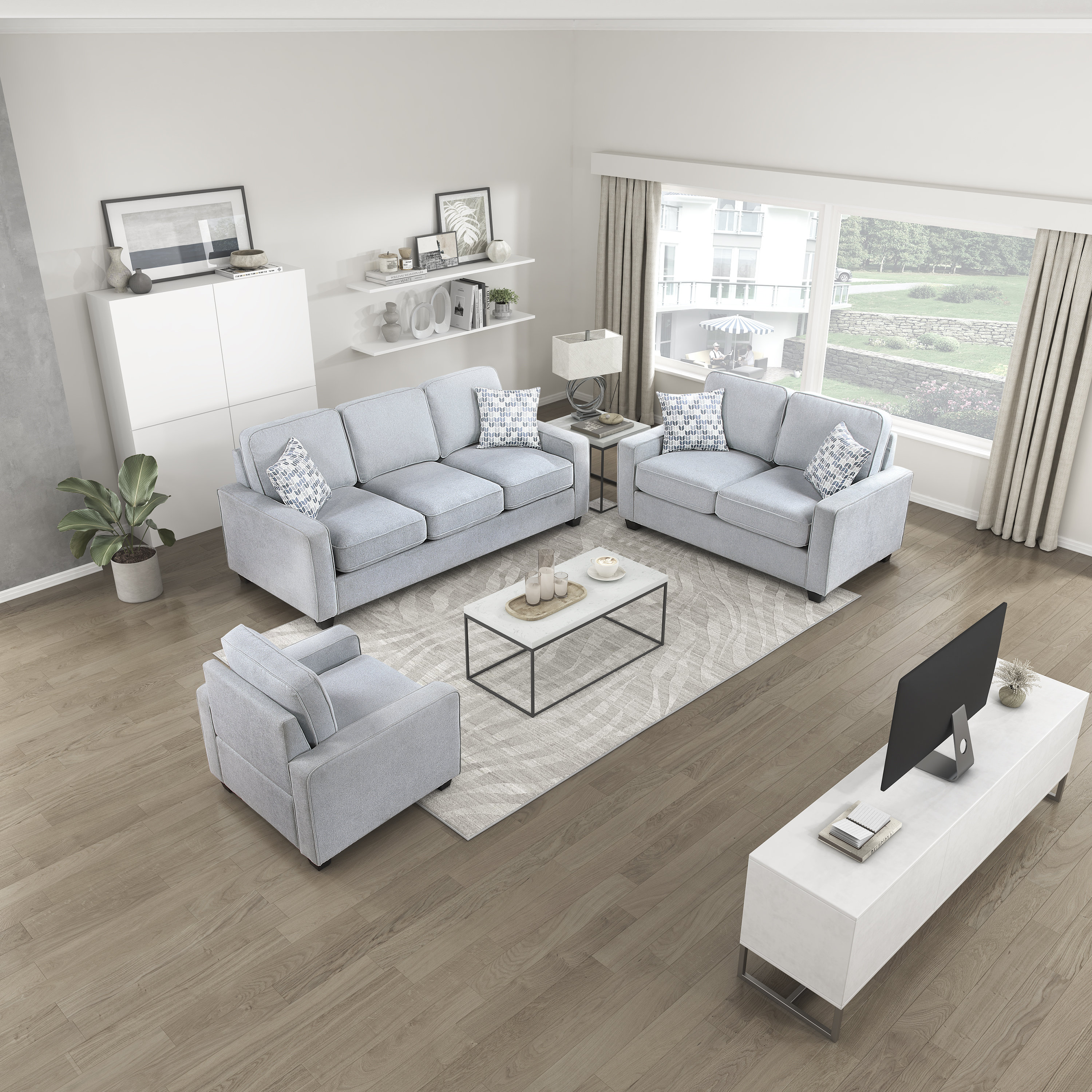 Ebern Designs Pallesen Square Arms Textured 3-Piece Living Room Set ...